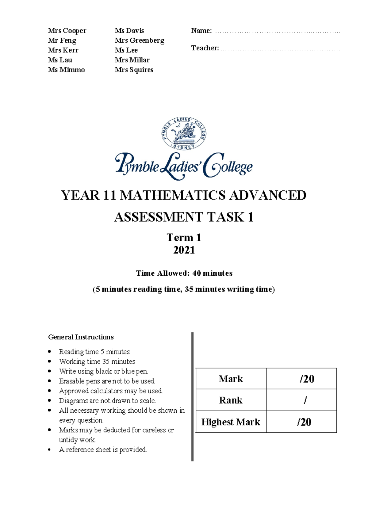 Year 11 Mathematics Advanced Assessment Task 1 - Past Paper 2021 - Studocu