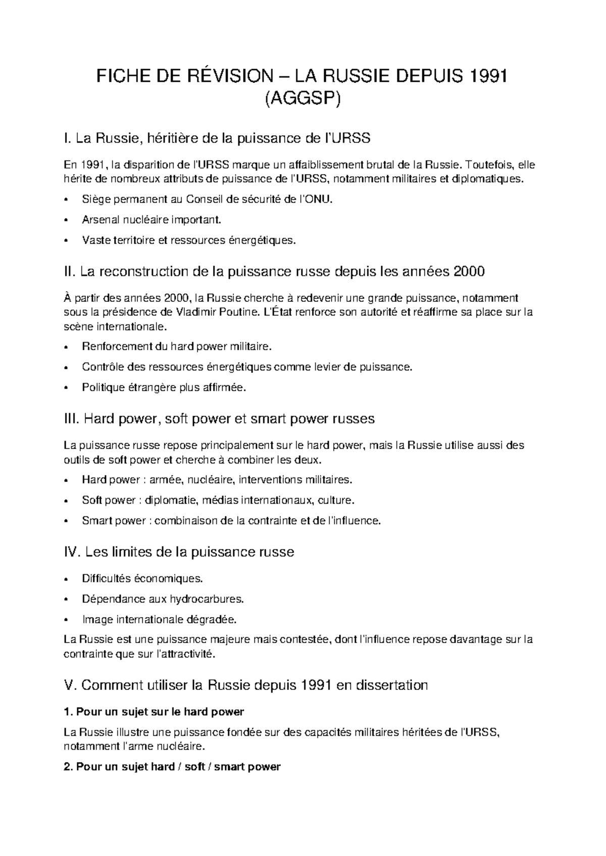 FICHE DE RÉVISION : LA PUISSANCE RUSSE DEPUIS 1991 (AGGSP) - Studocu