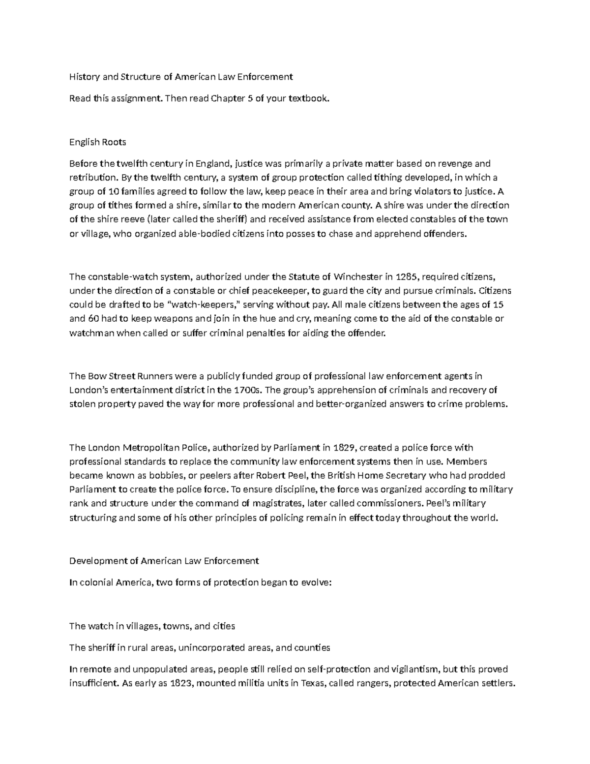 History and Structure of American Law Enforcement - Then read Chapter 5 ...