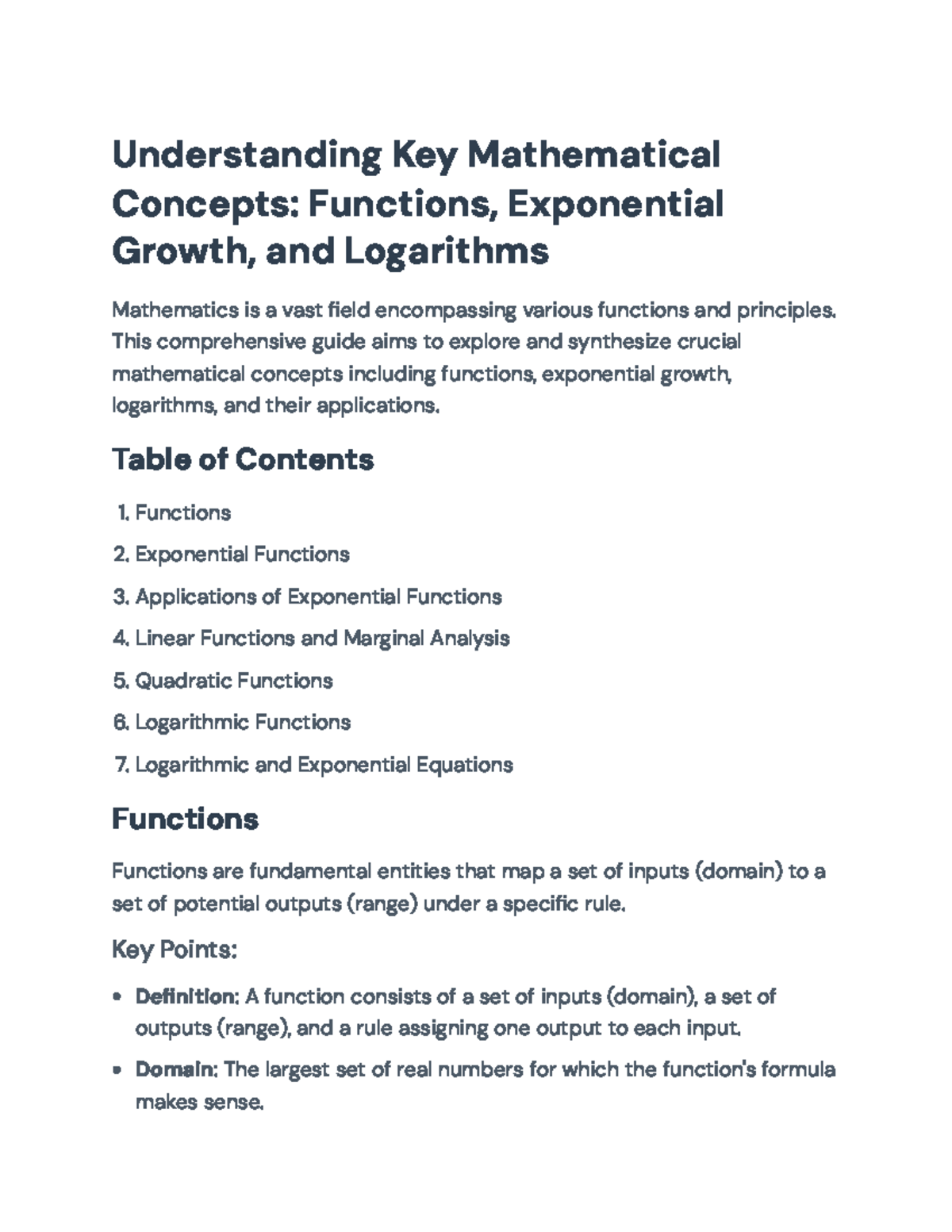 Mathematics Concepts: Functions, Exponential Growth & Logarithms Guide ...