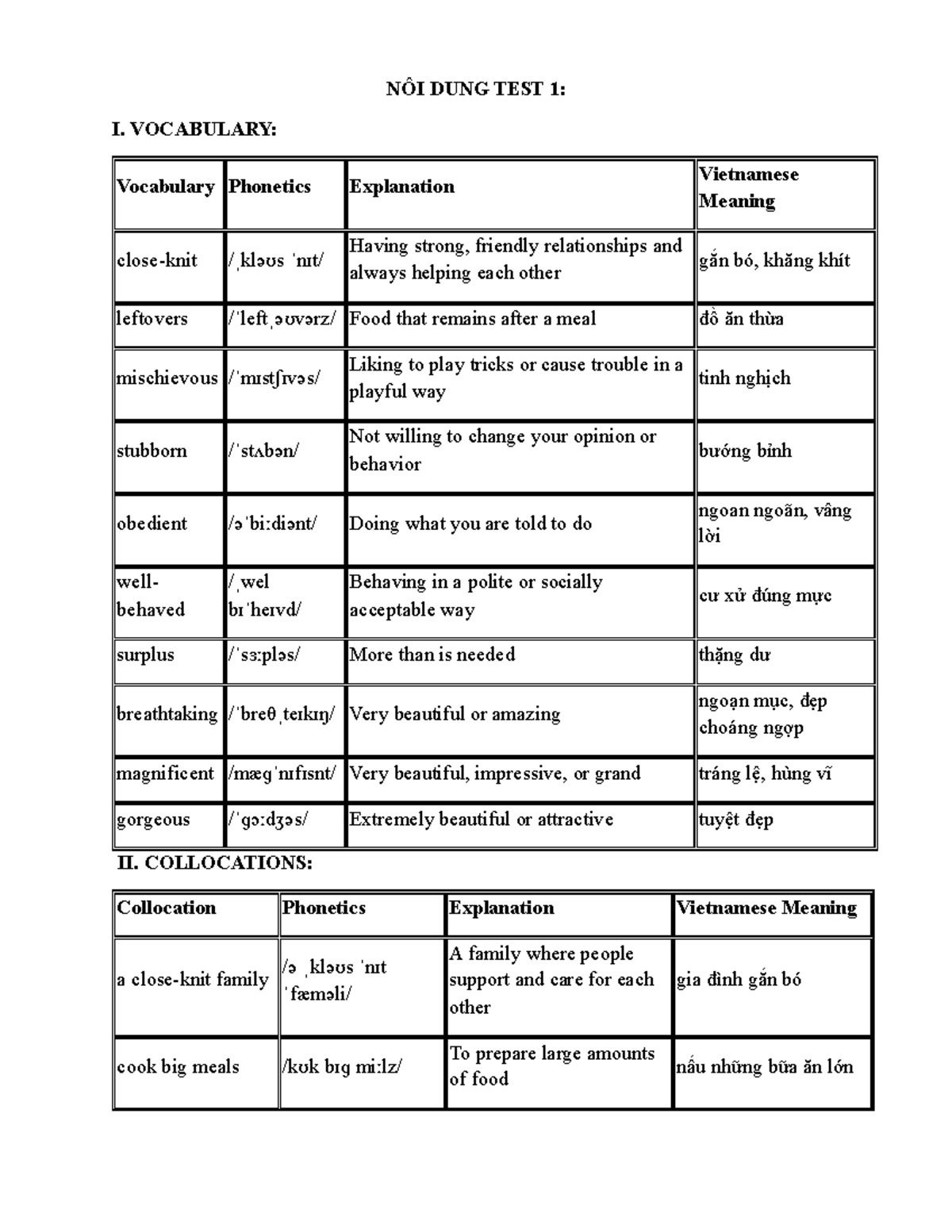 NÔI DUNG TEST 1: VOCABULARY, COLLOCATIONS & PHRASES - Chuyên Anh - Studocu