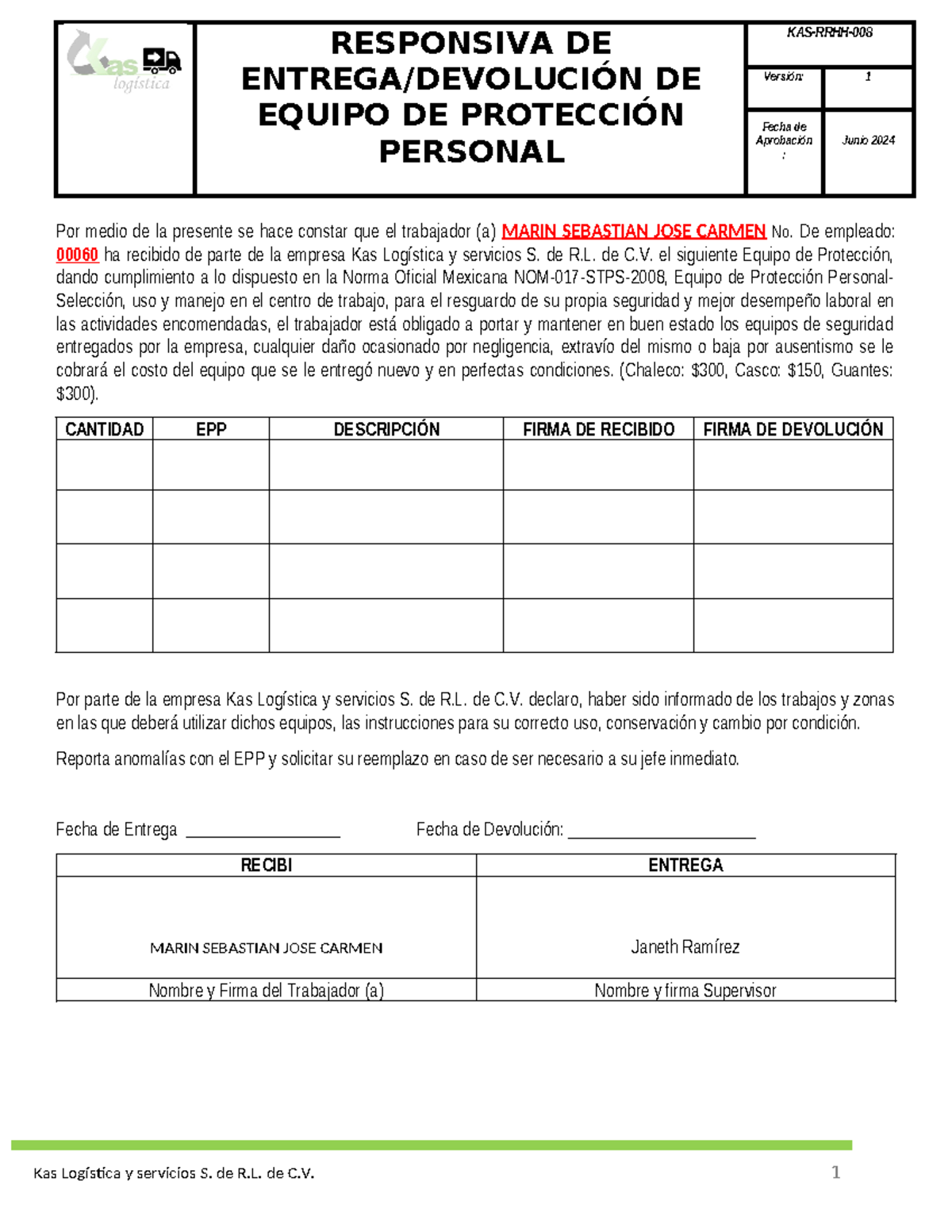 3PL-RRHH-008 Entrega y Devolución de EPP - Responsiva Laboral - Studocu