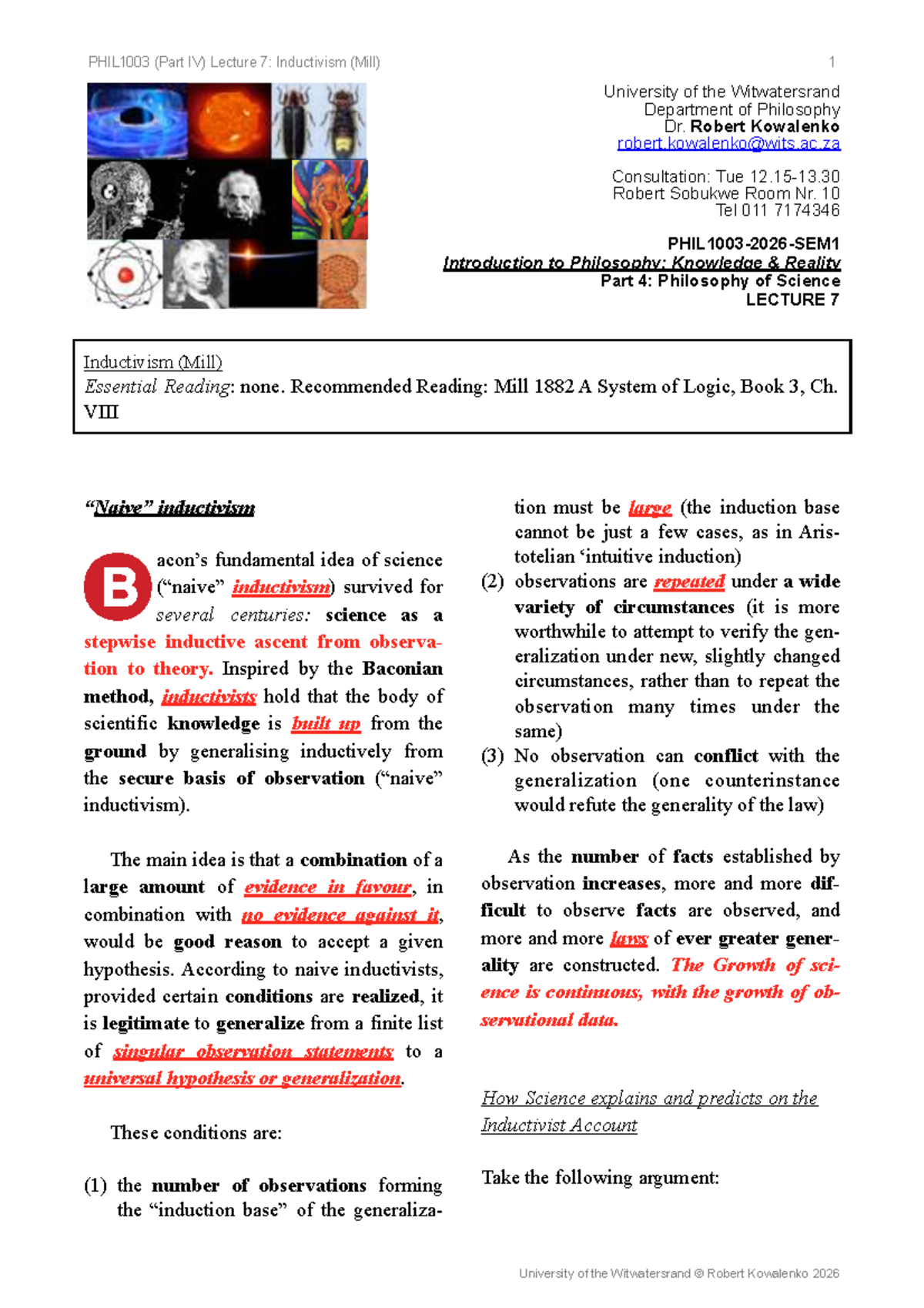 PHIL1003 Lecture 7: Inductivism (Mill) - Studocu