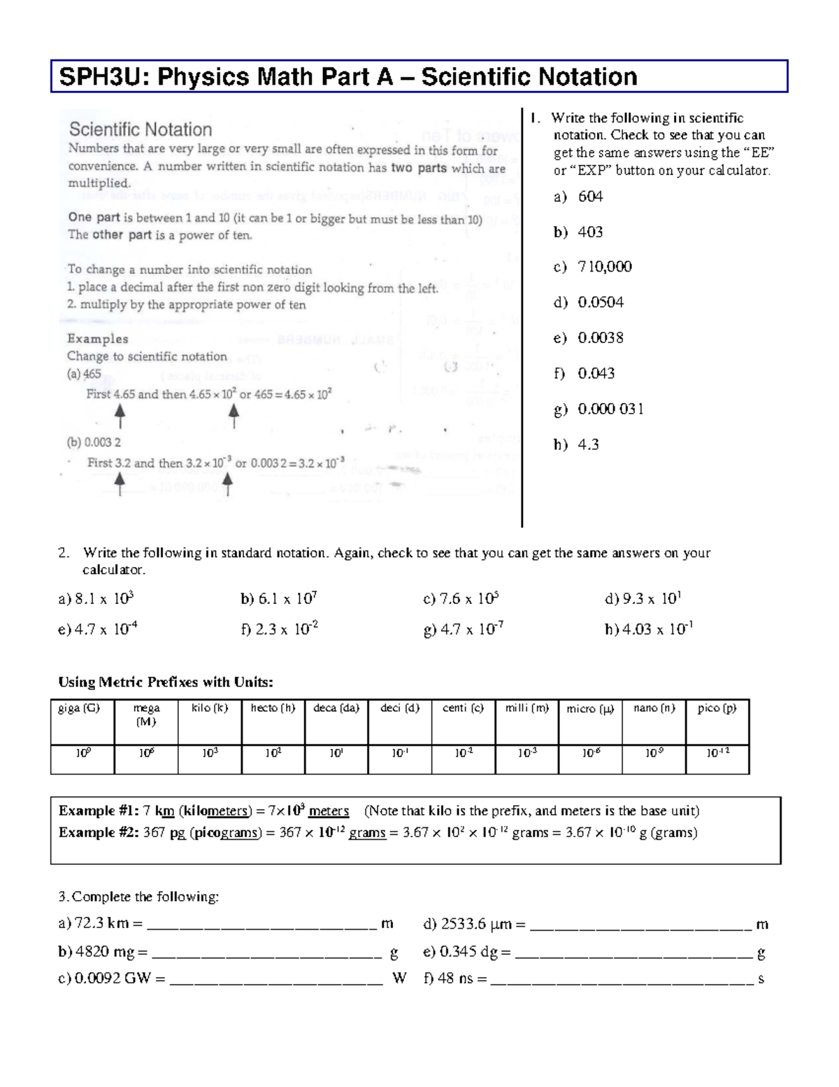 SPH3U: Physics Math Exercises Part A - Scientific Notation & Units ...
