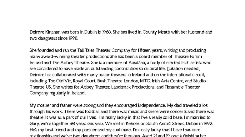 Deirdre Kinahan: Life, Art, and Resilience in Theatre - Studocu