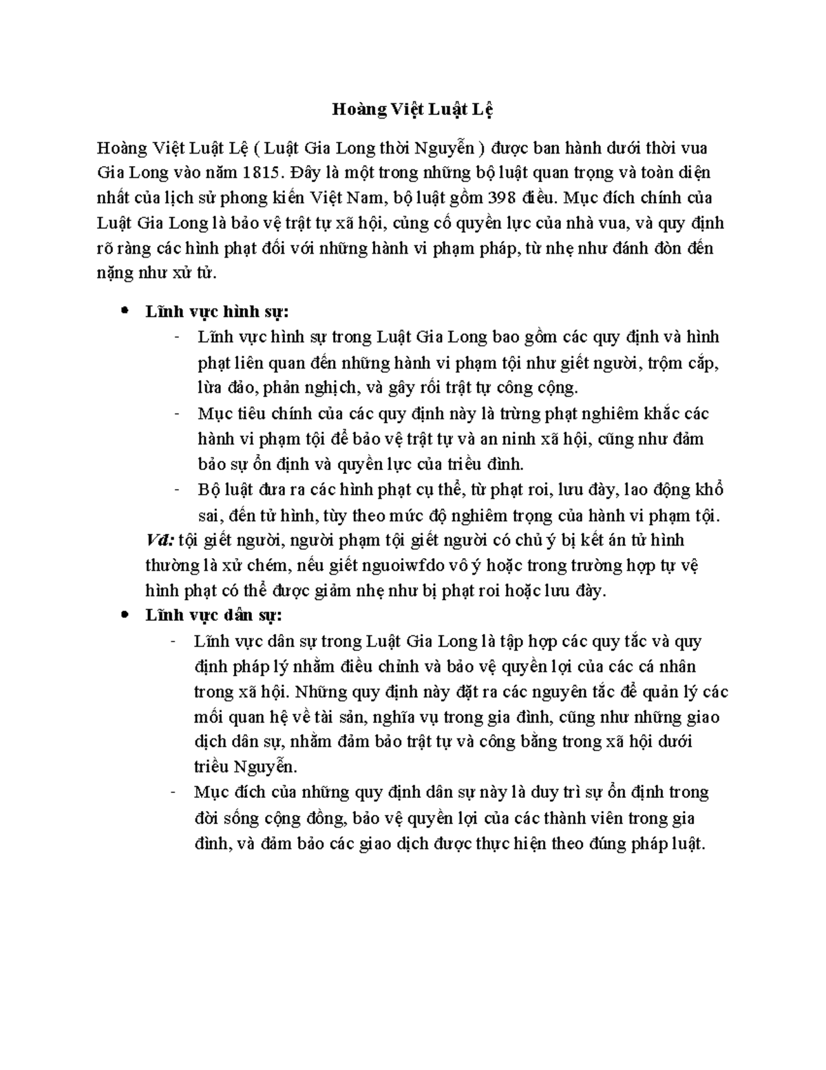 Luật Gia Long thời Nguyễn: Tổng quan về hình sự và dân sự - Studocu