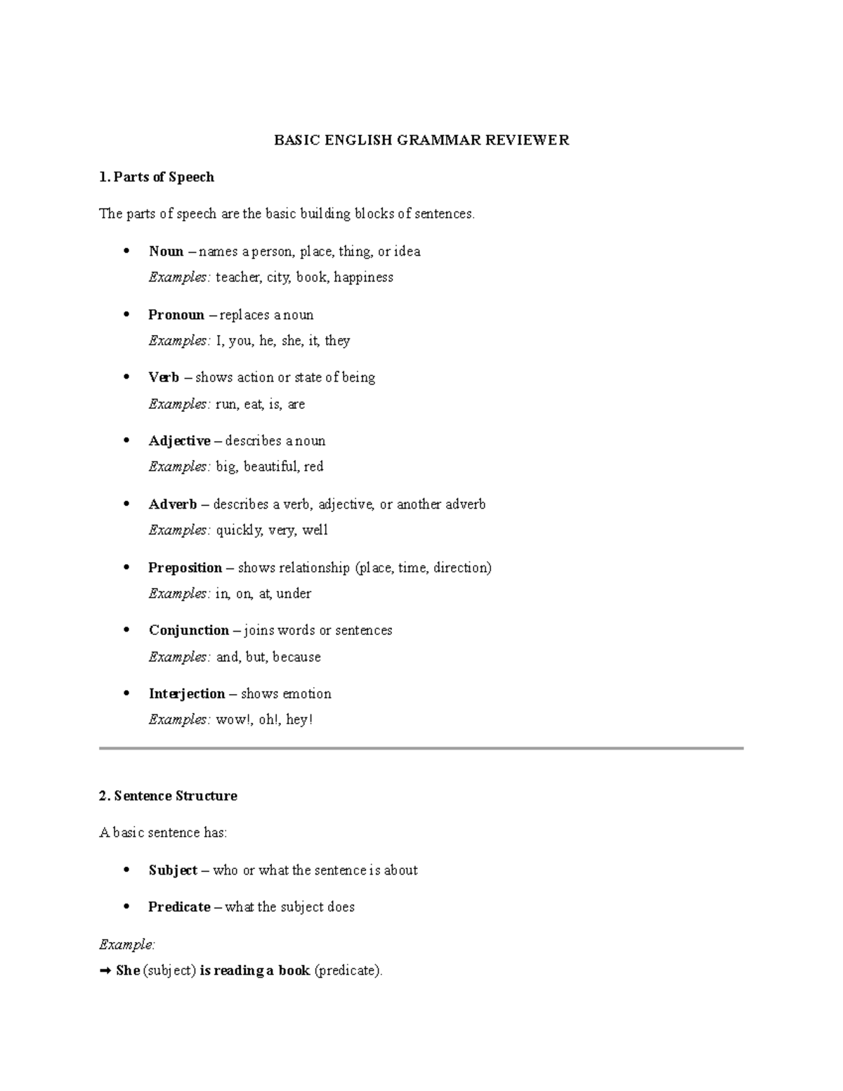 BASIC ENGLISH GRAMMAR REVIEWER: Parts of Speech & Sentence Structure ...