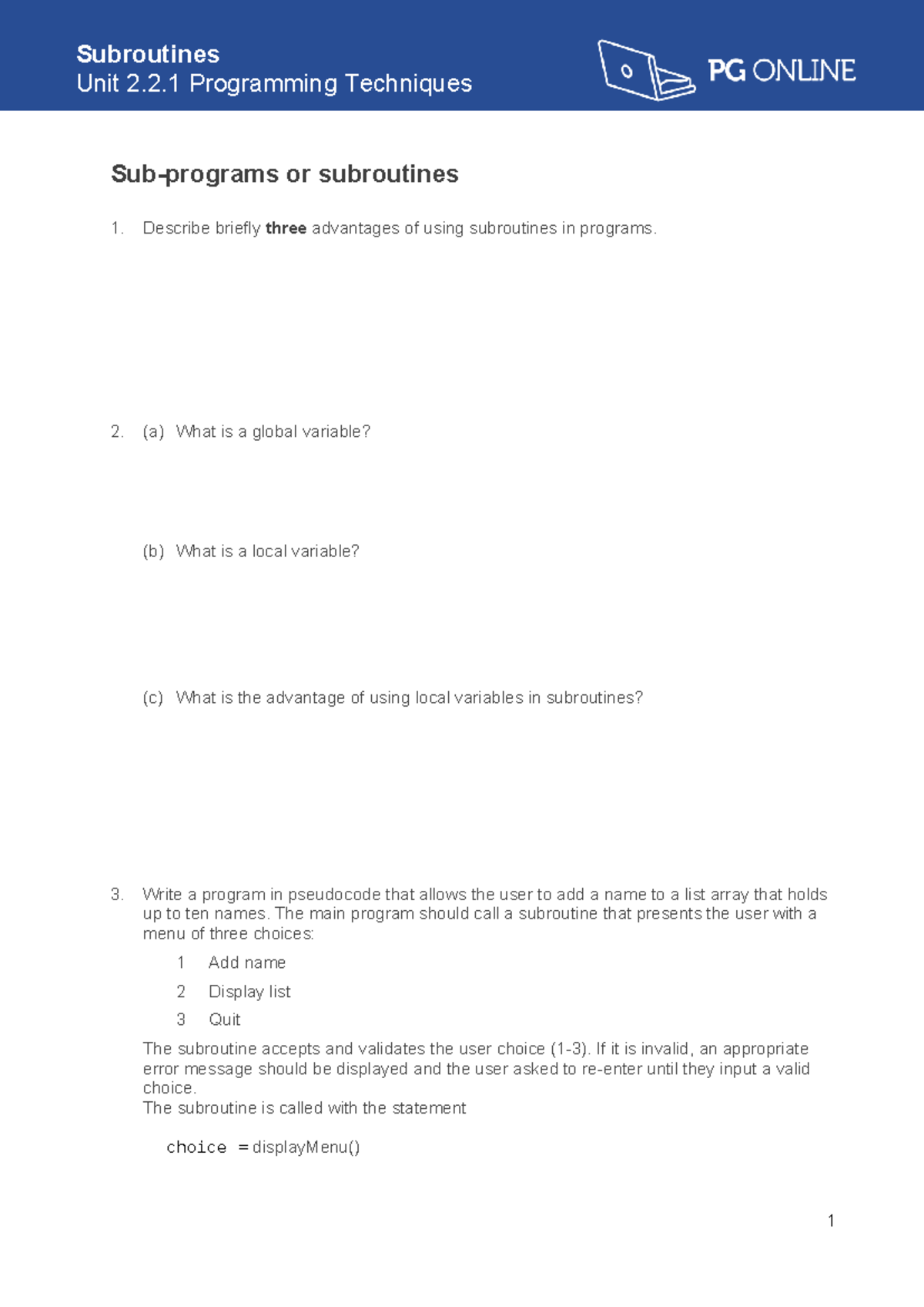 Subroutines Unit 2 2 1 Programming Techniques Workbook Studocu
