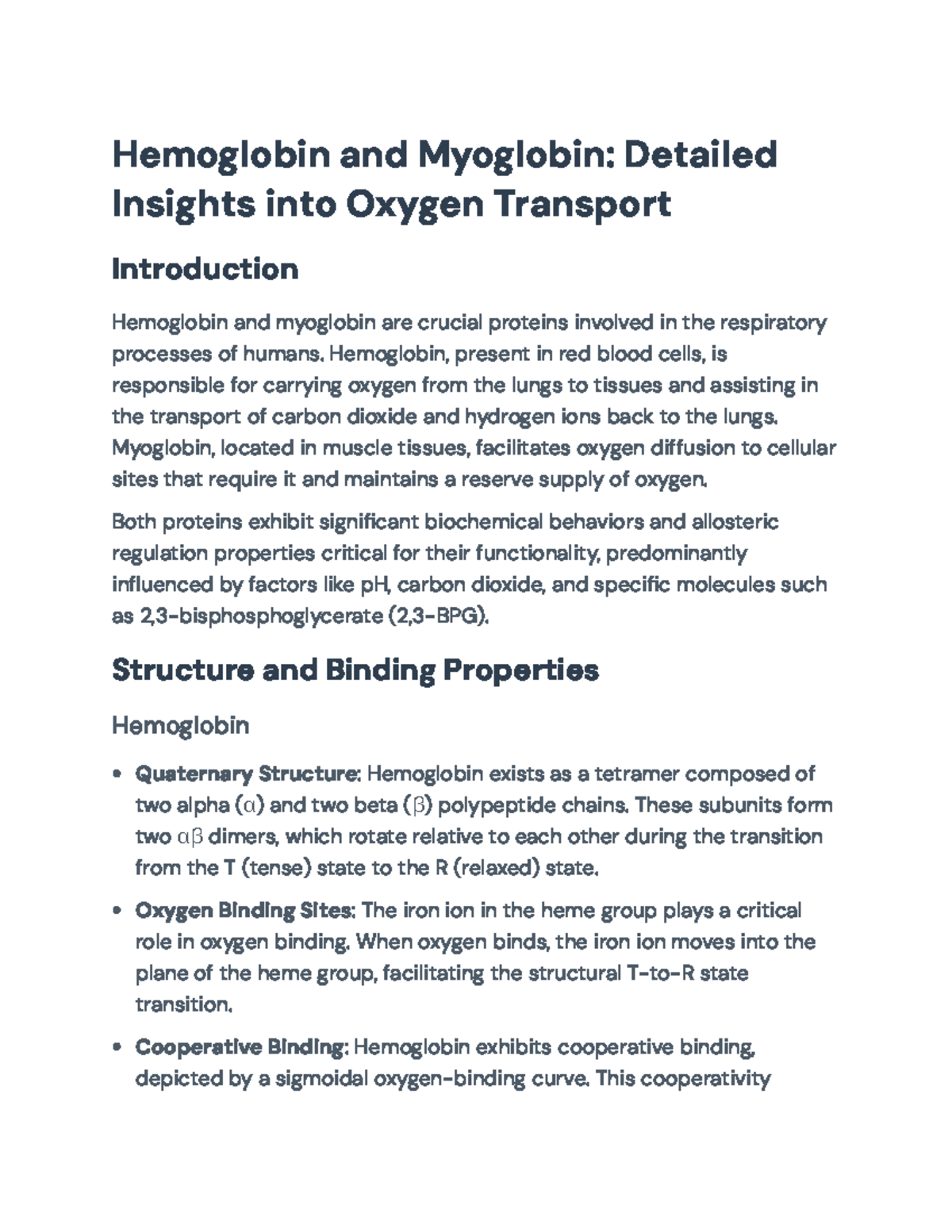 Hemoglobin and Myoglobin: Insights into O2 Transport Mechanisms - Studocu
