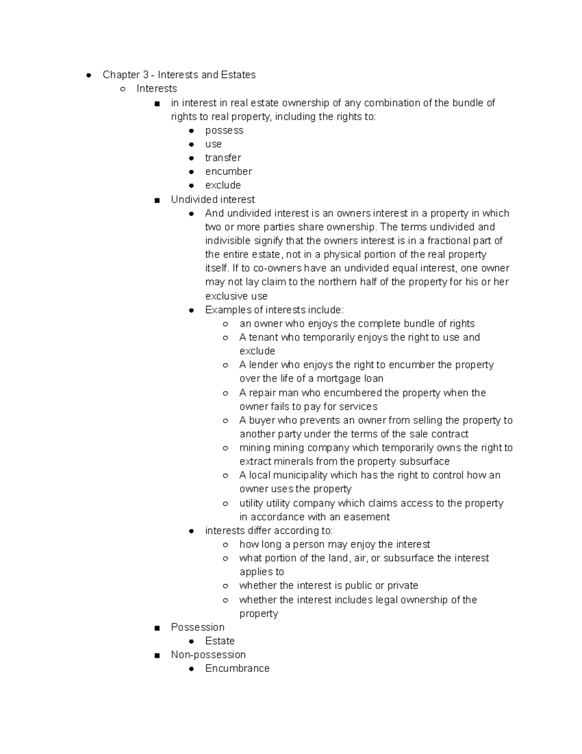 Real Estate Notes Chapter 3 - Chapter 3 - Interests and Estates ...