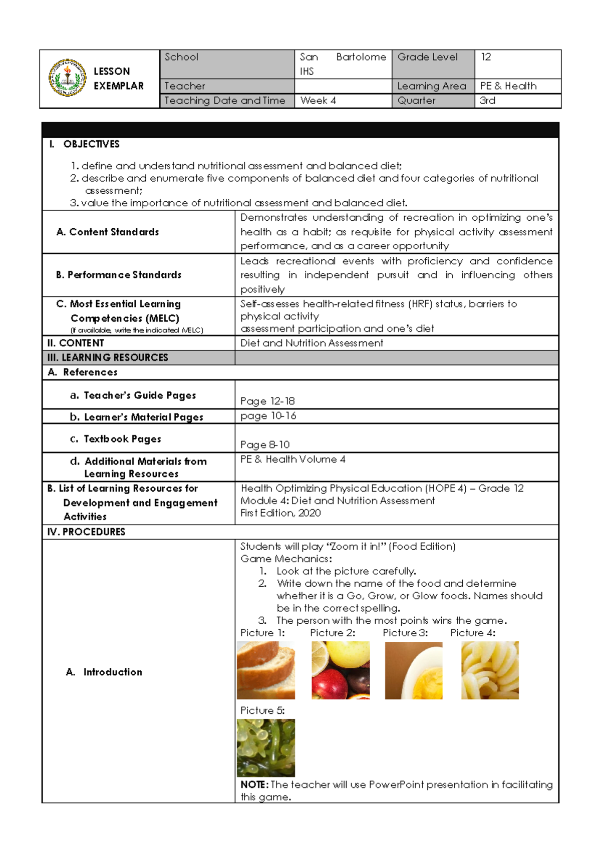 HOPE 4 Lesson Exemplar: Nutritional Assessment & Balanced Diet - Studocu