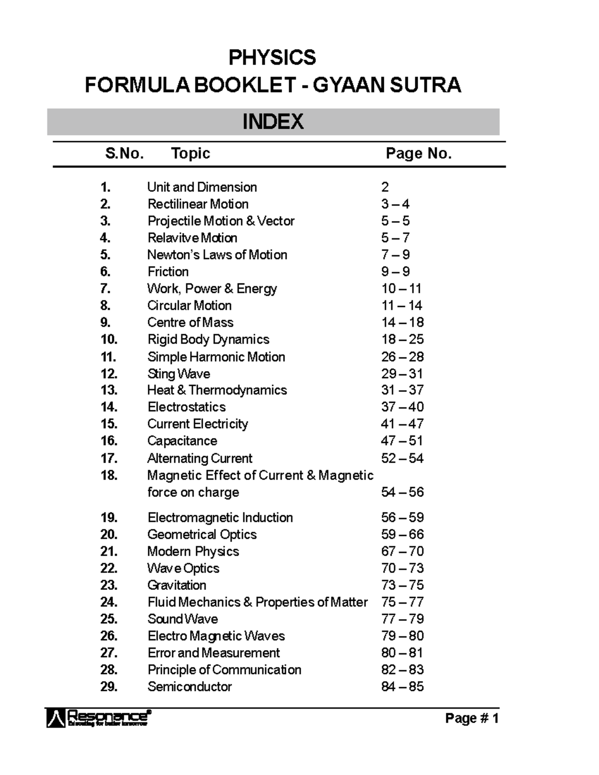 PHYSICS FORMULA BOOKLET GYAAN SUTRA: INDEX & KEY CONCEPTS - Studocu