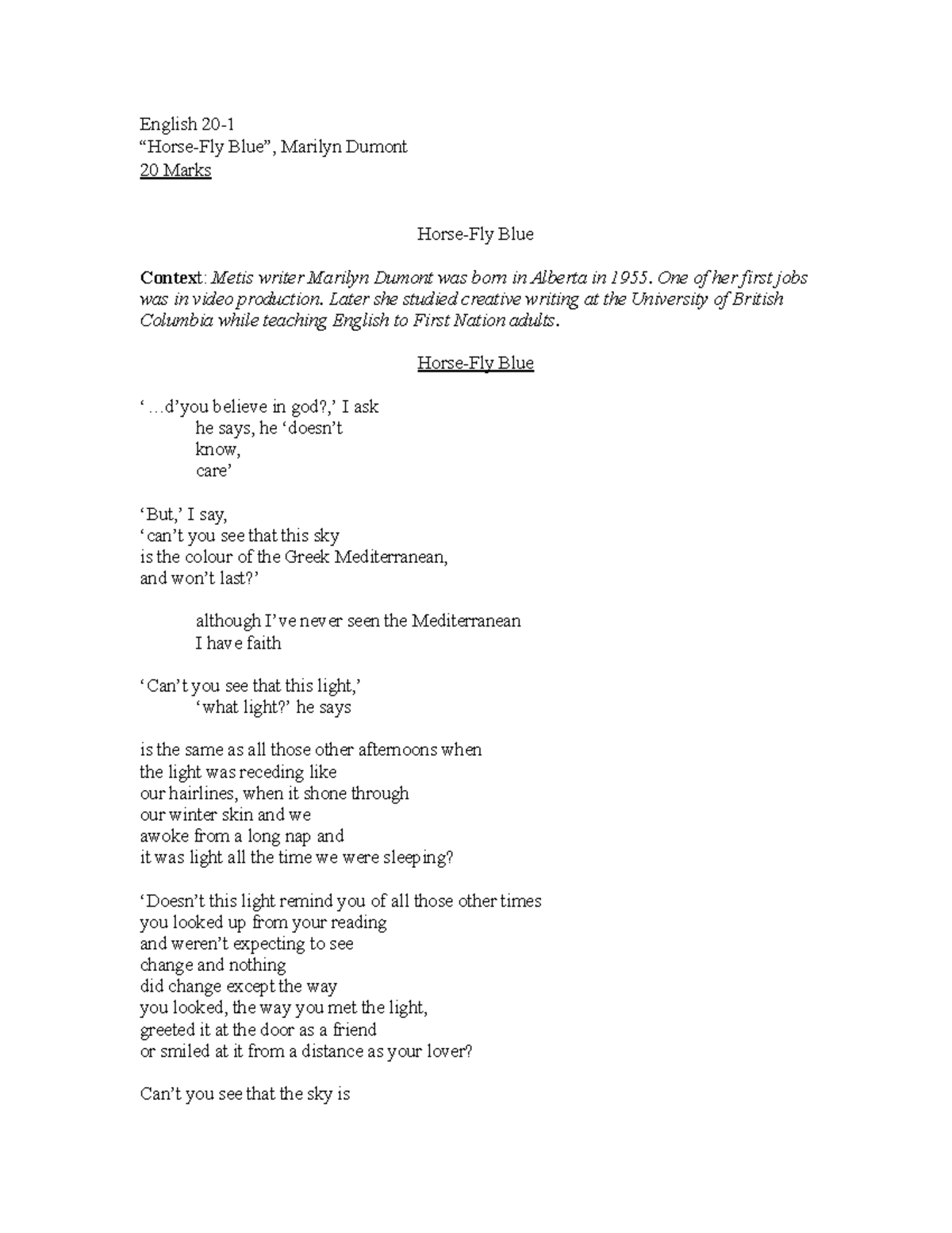 ENG 20: Horse-Fly Blue (V3) - Annotated Poem Analysis - Studocu