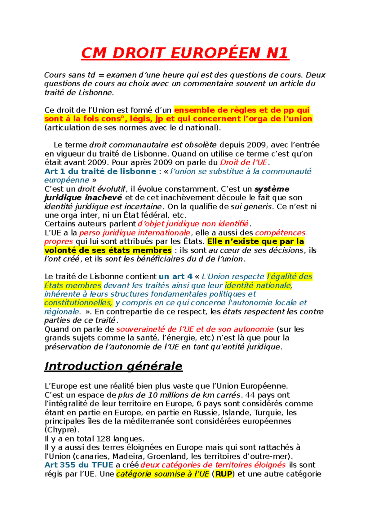 CM DROIT EUROPÉEN N1 - Cours et Analyse du Traité de Lisbonne - Studocu