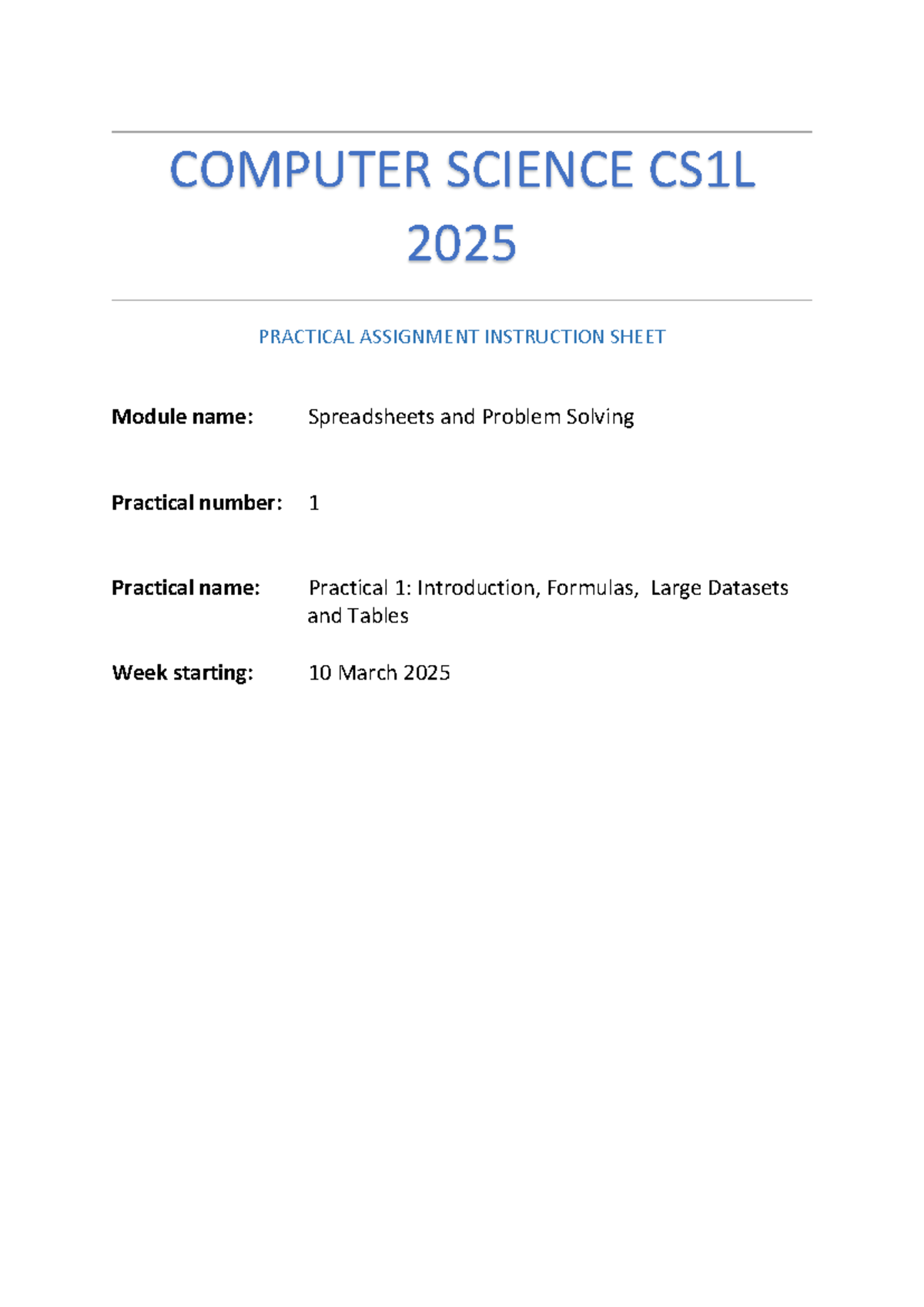 CS1L SS Practical 1 - Assignment - COMPUTER SCIENCE CS1L 2025 PRACTICAL ...