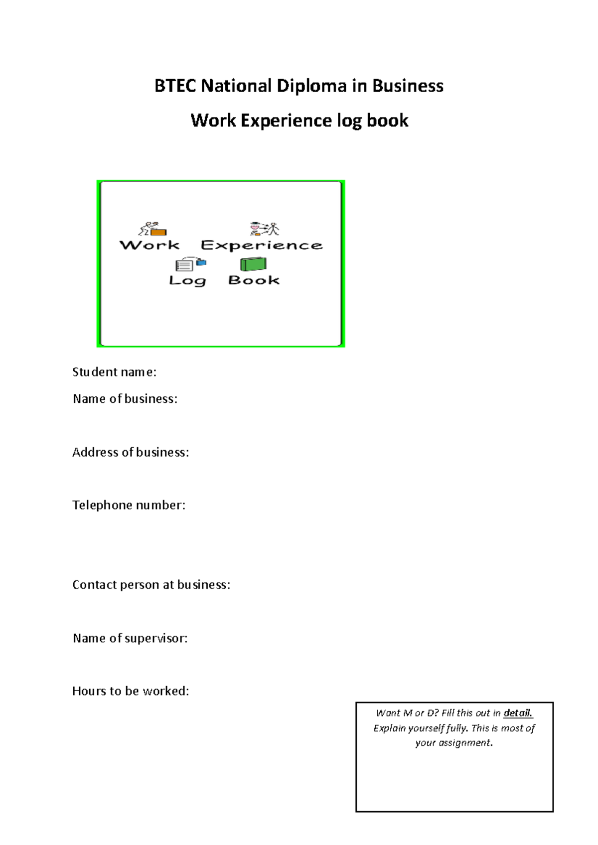 BTEC National Diploma in Business: Work Experience Log Book - Studocu
