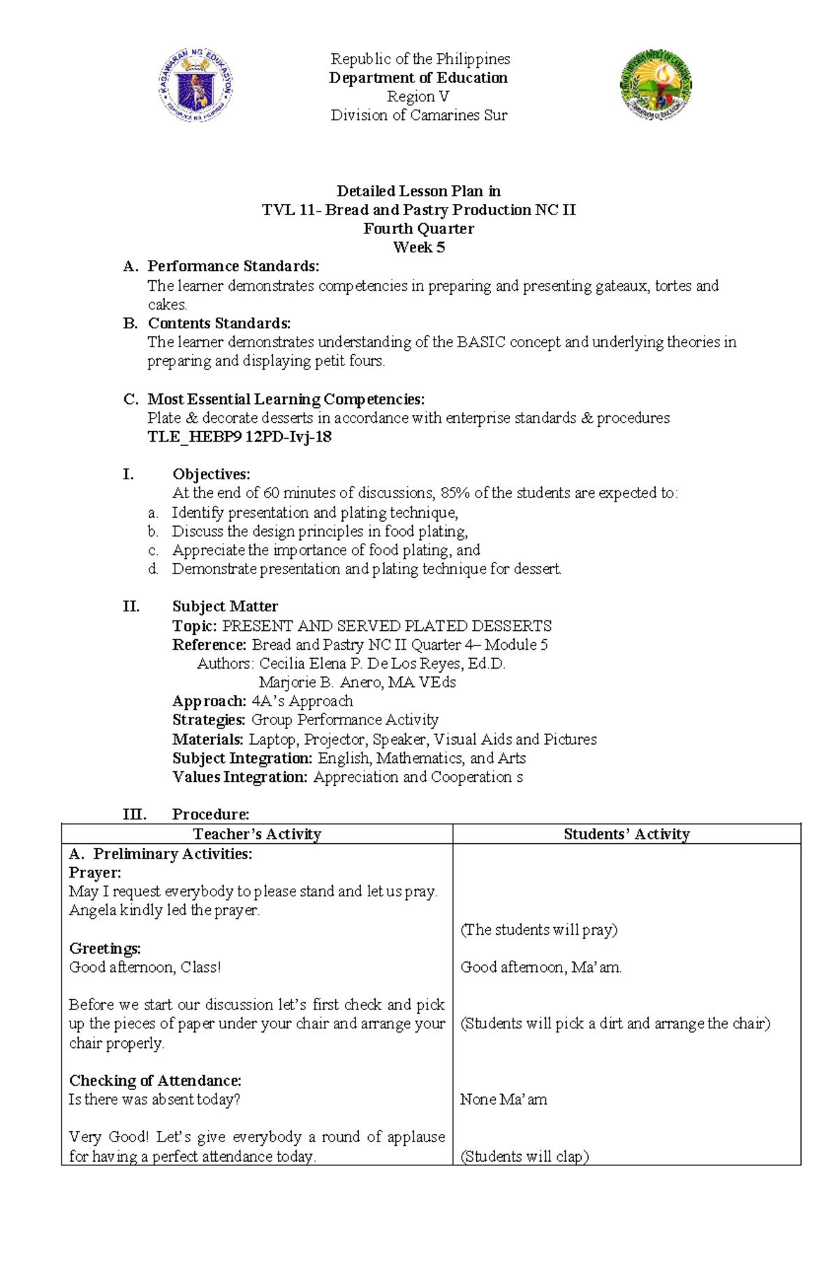 Detailed Lesson Plan: Plating Techniques in TVL Bread & Pastry NC II ...