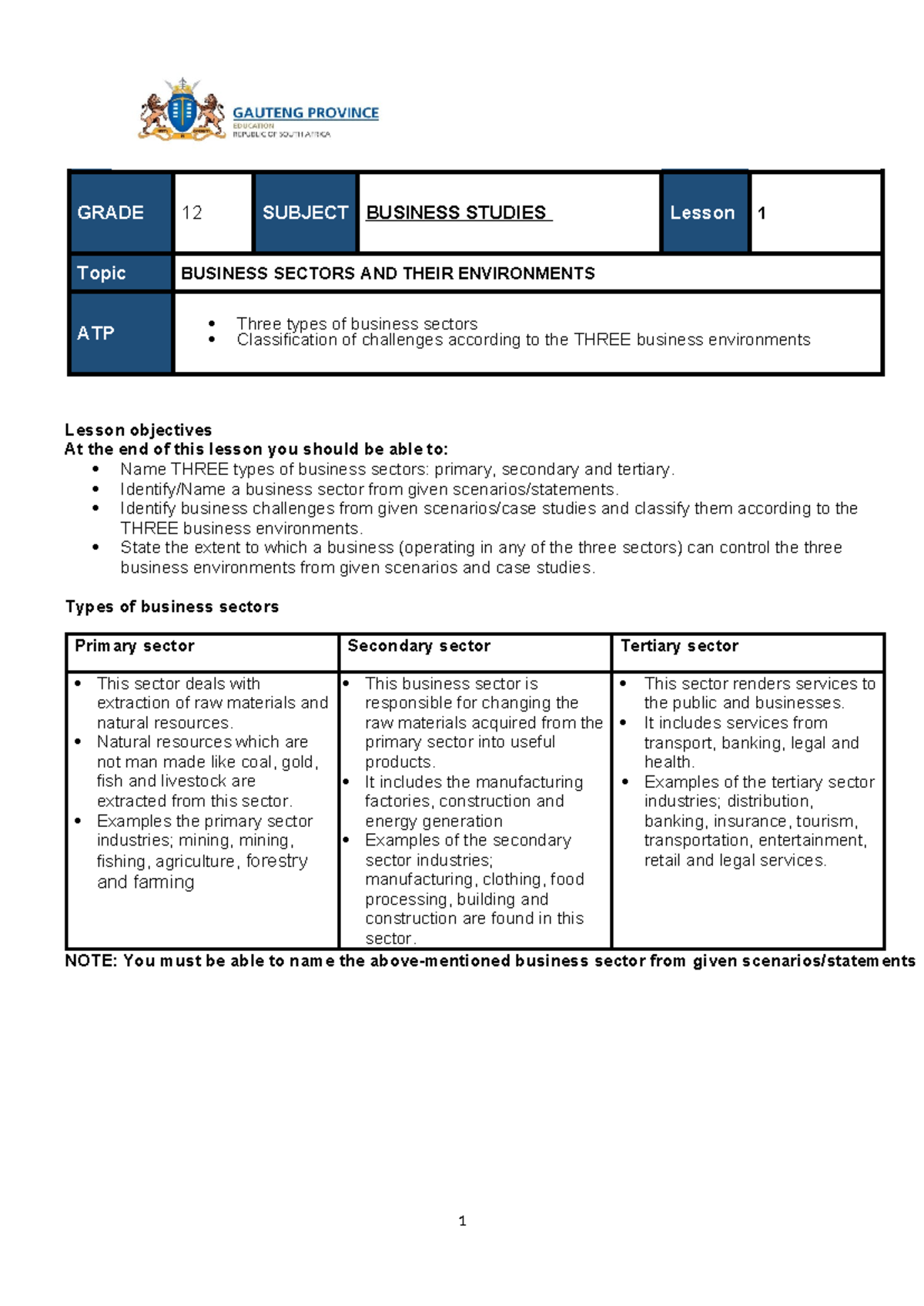 Grade 12 Business Studies Lesson Plans: Understanding Business Sectors ...
