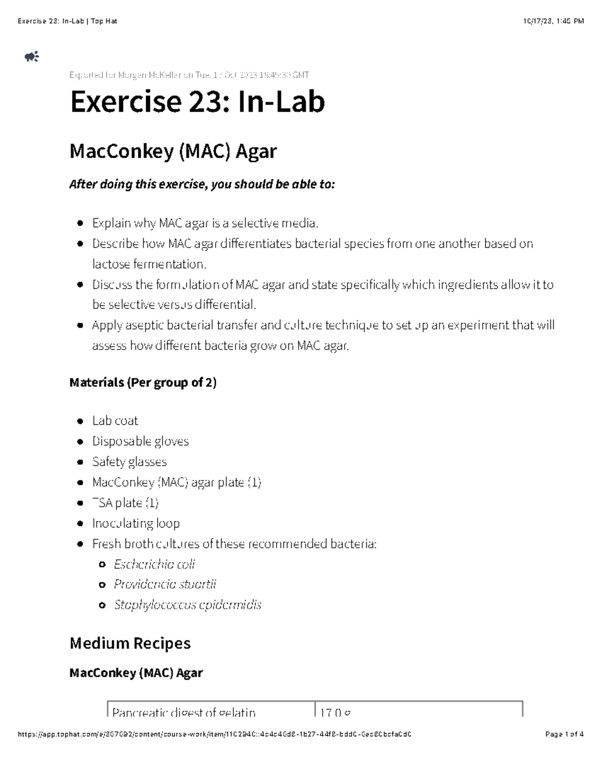 Exercise 23: In-lab analysis of MacConkey (MAC) agar properties - Studocu