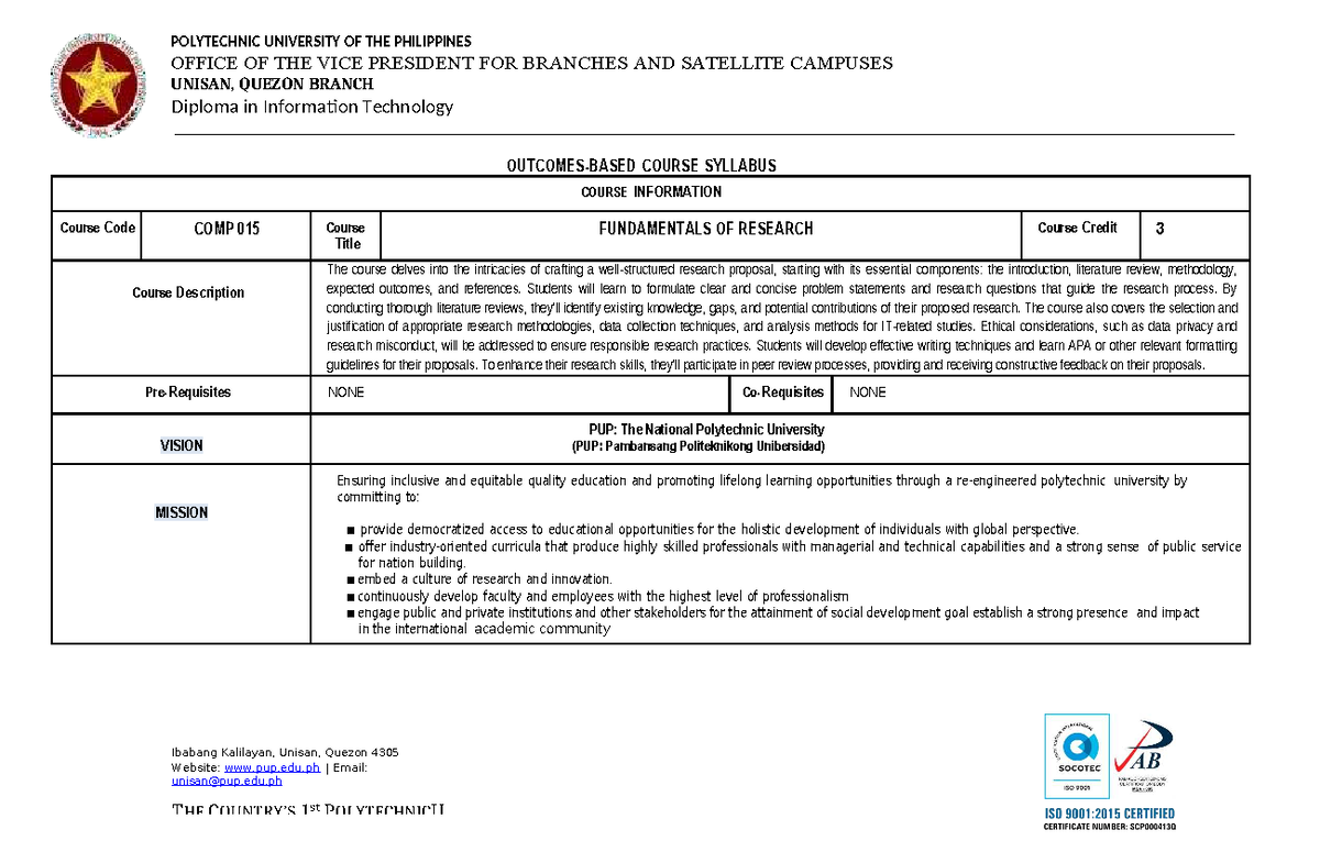 COMP 015 Syllabus: Fundamentals of Research for IT Students - Studocu