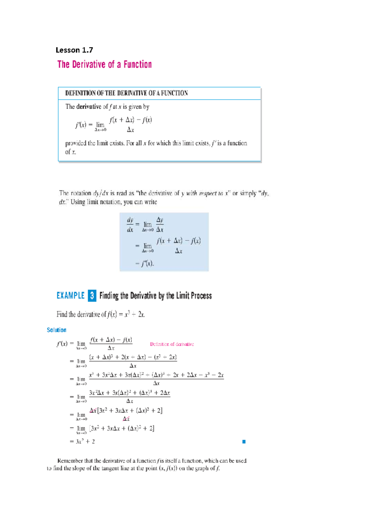 MATH 1E Lesson 1.7: Derivatives & Limit Process Activities - Studocu