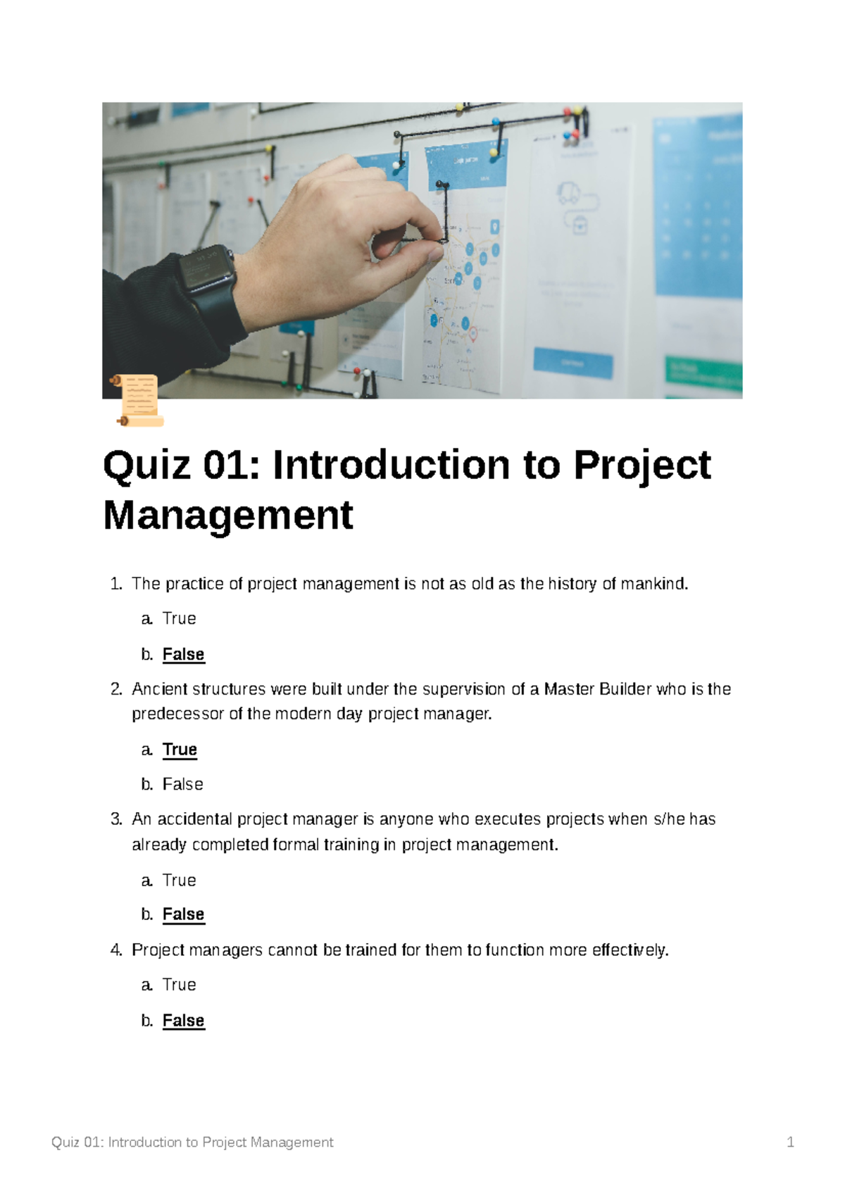 PF1101 Quiz 01: Intro to Project Management Questions and Answers - Studocu
