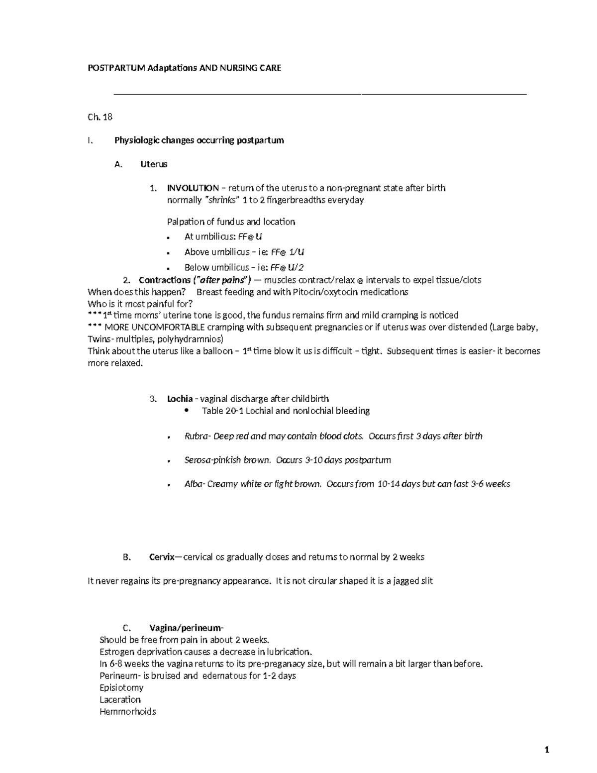 Postpartum Adaptations & Nursing Care: Ch. 18 Overview - Studocu