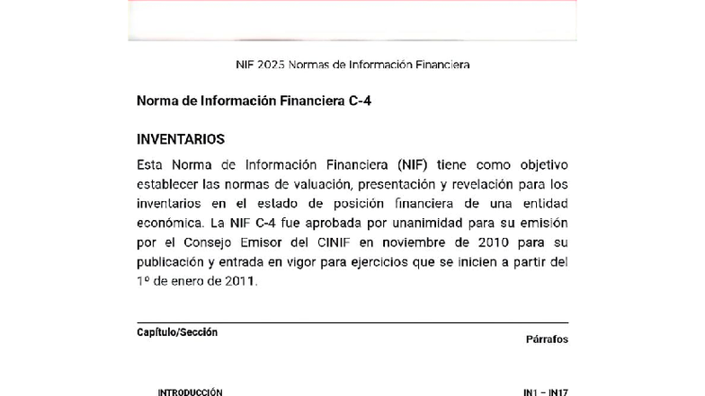 NIF C4 - Normas de Información Financiera sobre Inventarios 2025 - Studocu