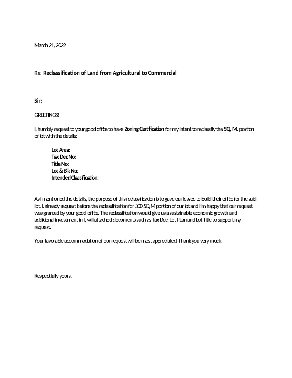 Zoning Letter for Land Reclassification Request: Agricultural to ...