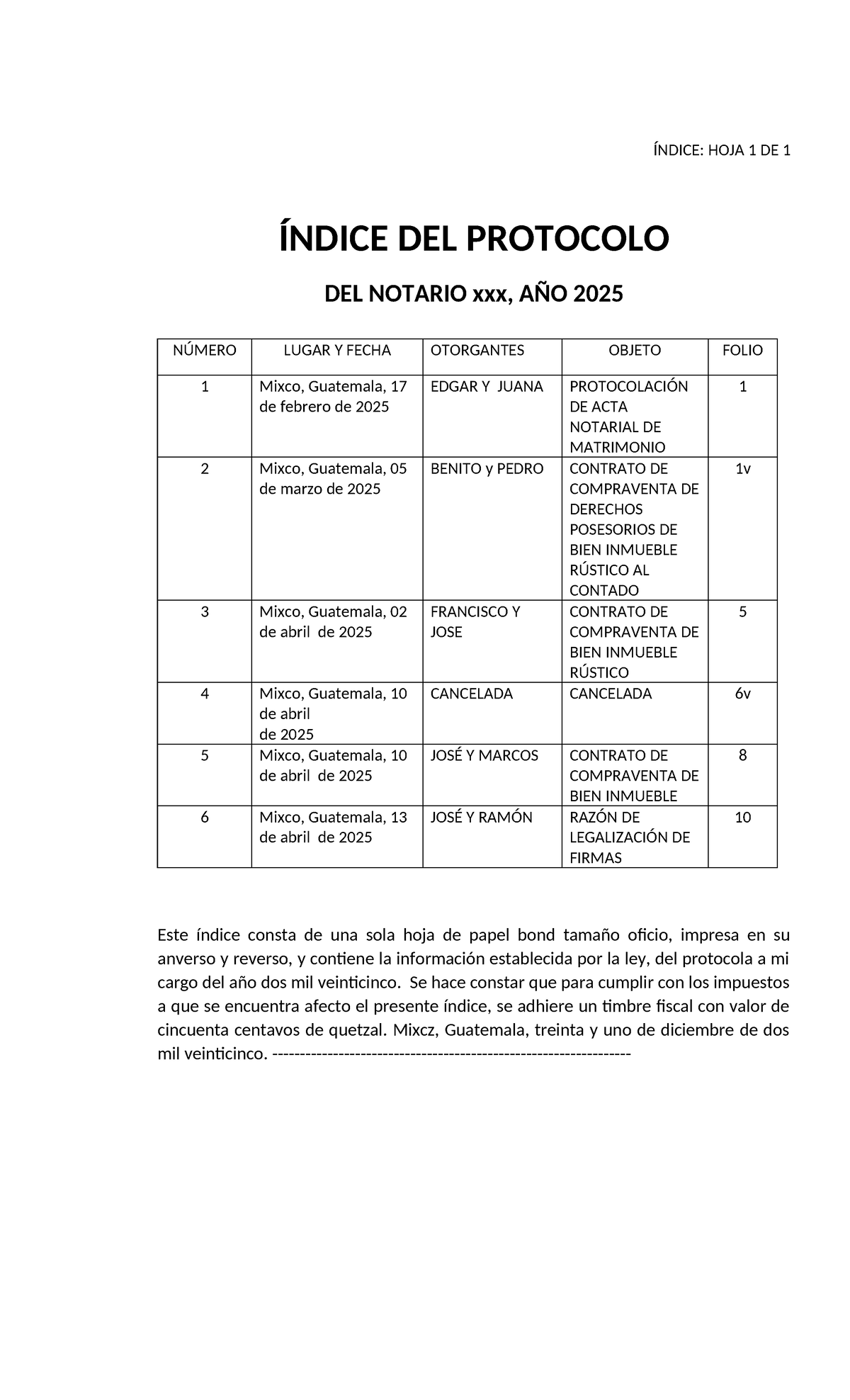 Índice del Protocolo Notarial 2025 - Mixco, Guatemala - Studocu