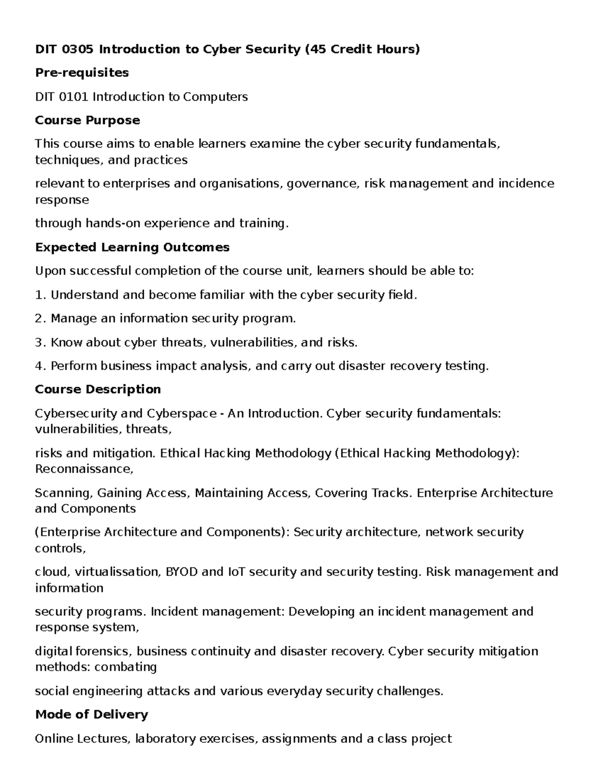 DIT 0305 Course Outline: Introduction to Cyber Security Fundamentals ...