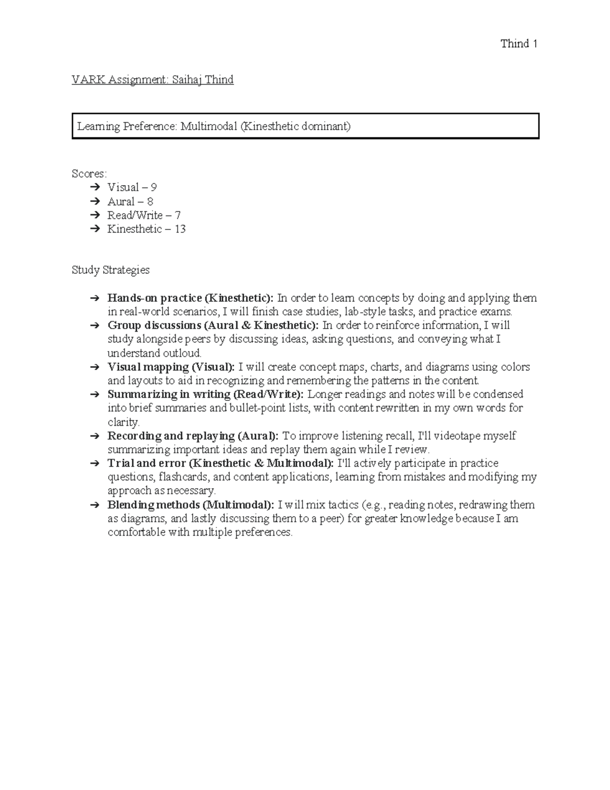 VARK Assignment: Multimodal Learning Preferences & Strategies - Studocu