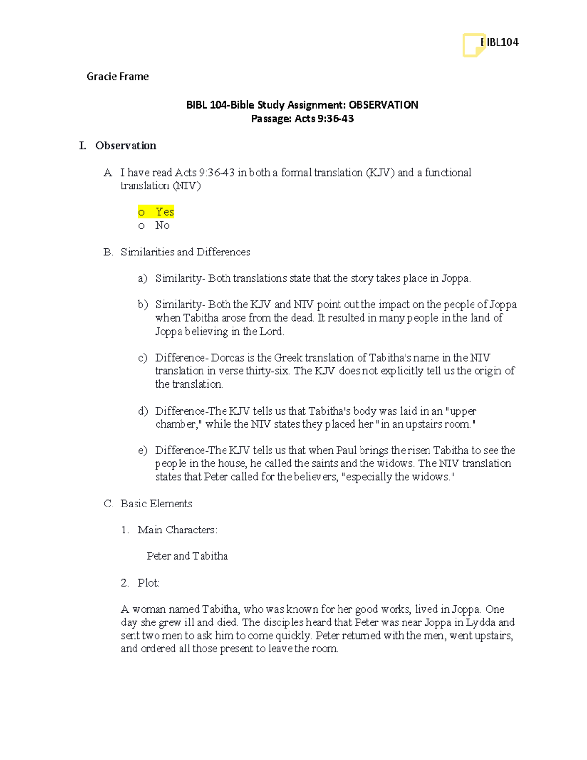 BIBL 104 Bible Study Project: Observation on Acts 9:36-43 - Studocu