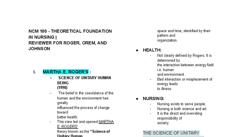 NCM 100 - Theoretical Foundations in Nursing: Key Concepts and Theories ...