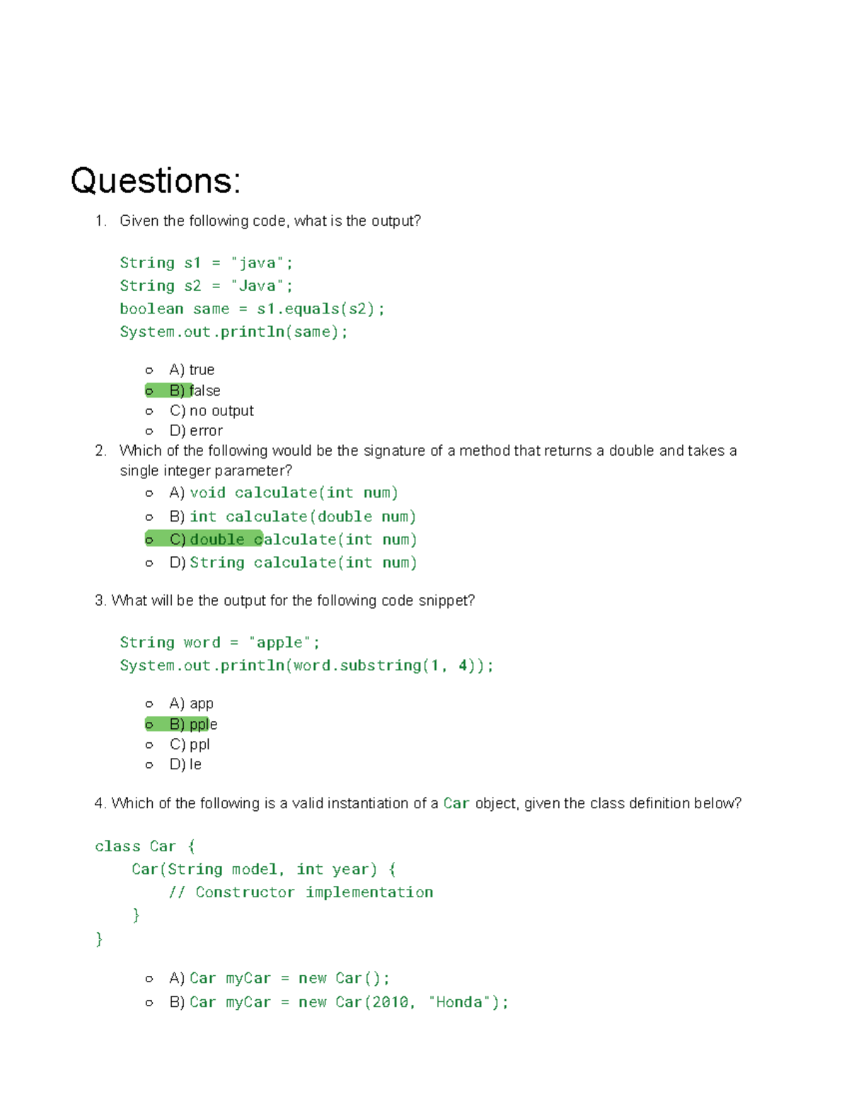 Unit 2 Comp Sci Prep1 - good resourse - Questions: Given the following code, what is the output ...