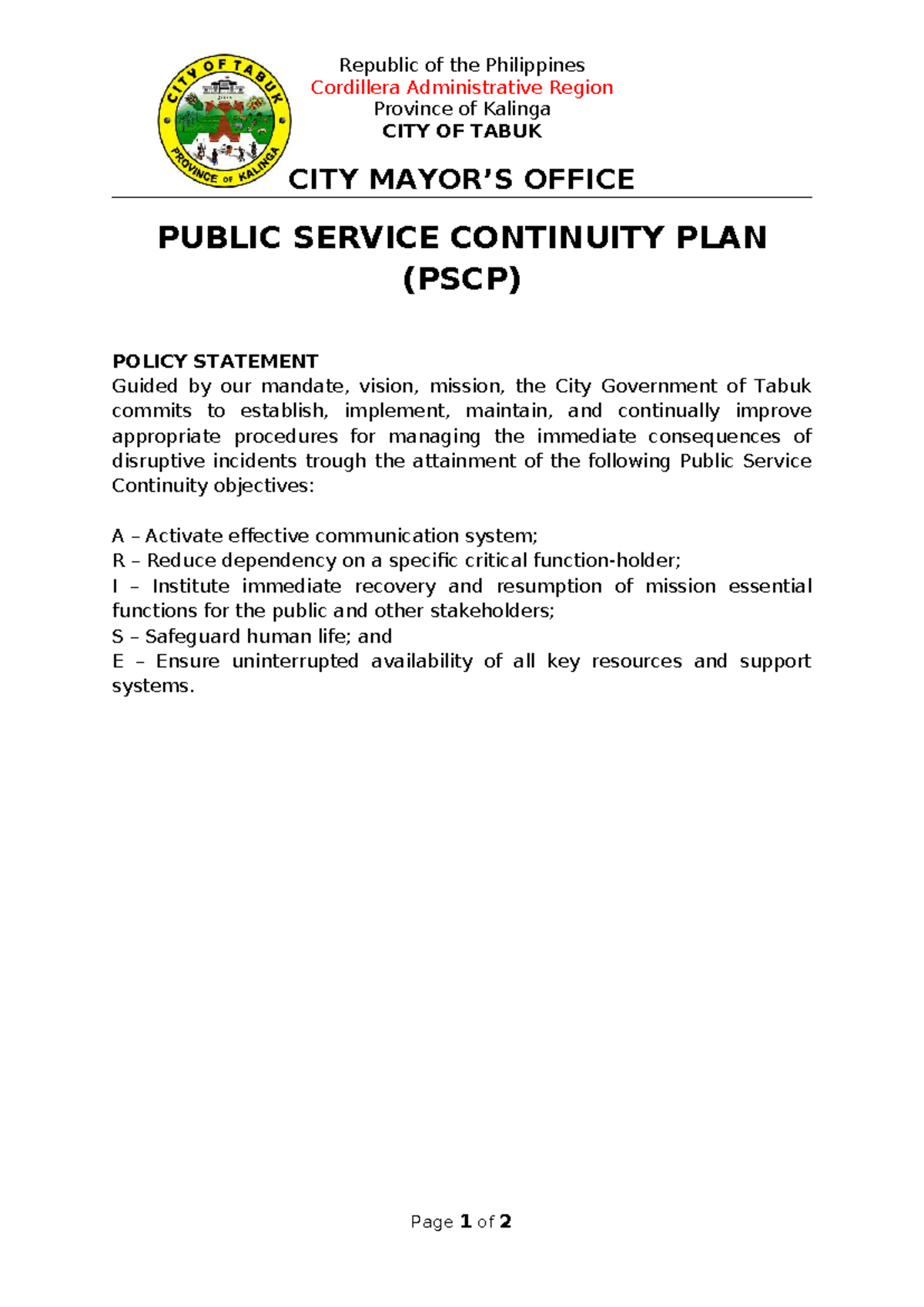 CMO Public Service Continuity Plan (PSCP): Commitment & Objectives ...