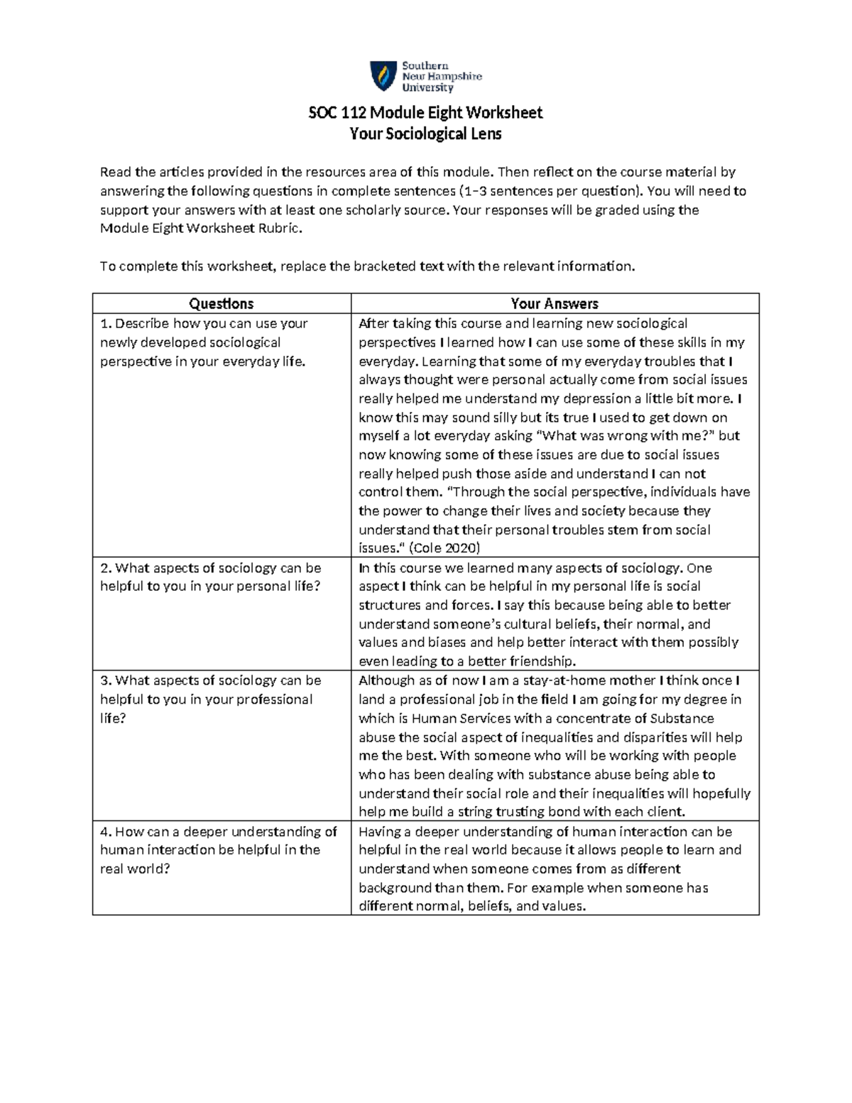 SOC 112 Module 8 Worksheet: Applying Sociological Perspectives - Studocu