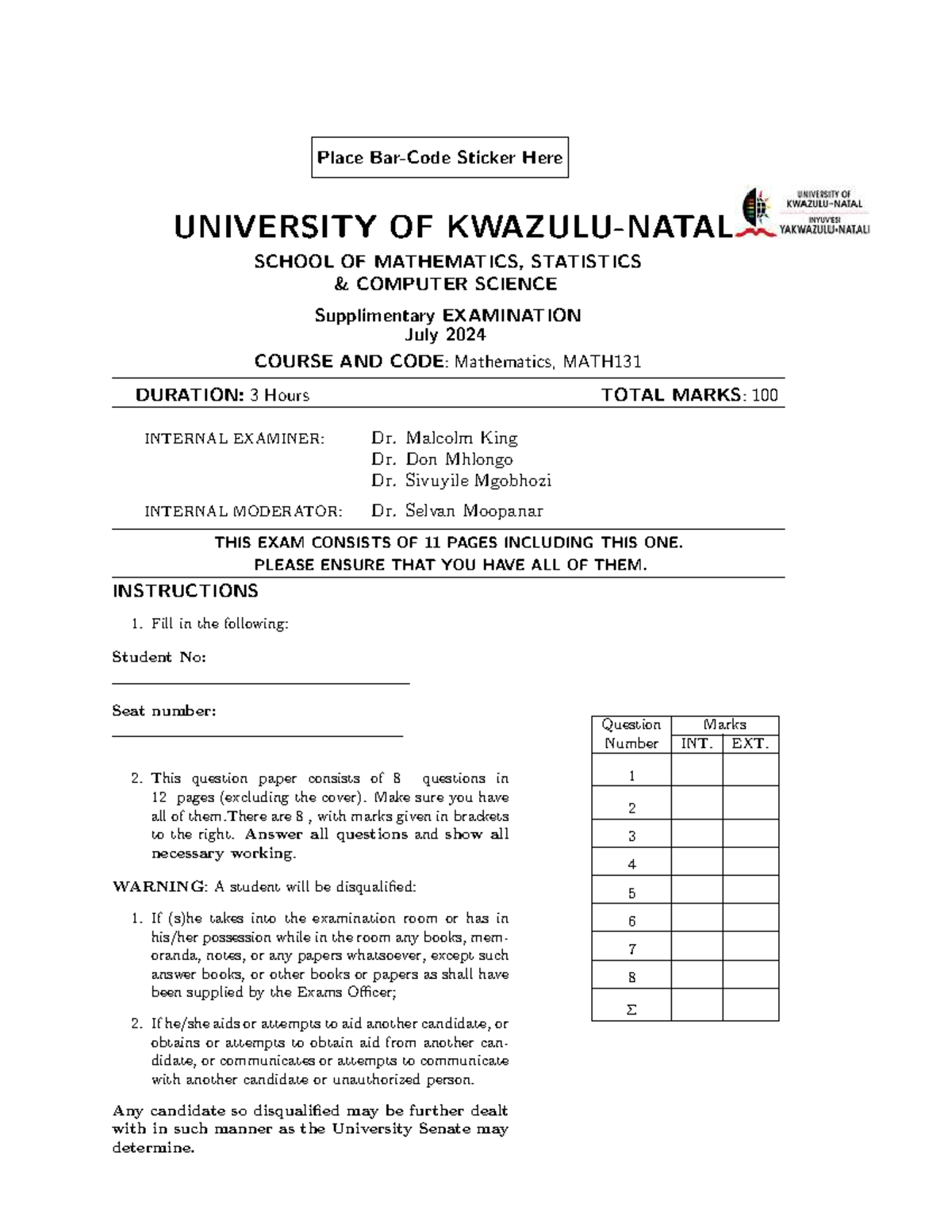 MATH 131 Supplementary Exam July 2024 - Detailed Instructions and ...