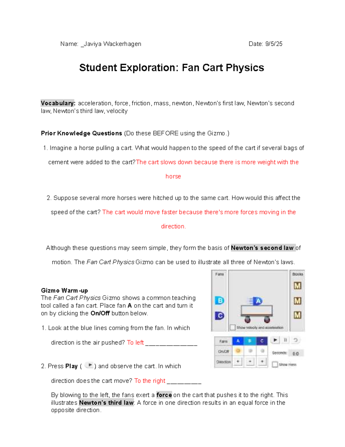 Phy Sci: Fan Cart Physics Activity Worksheet - Studocu