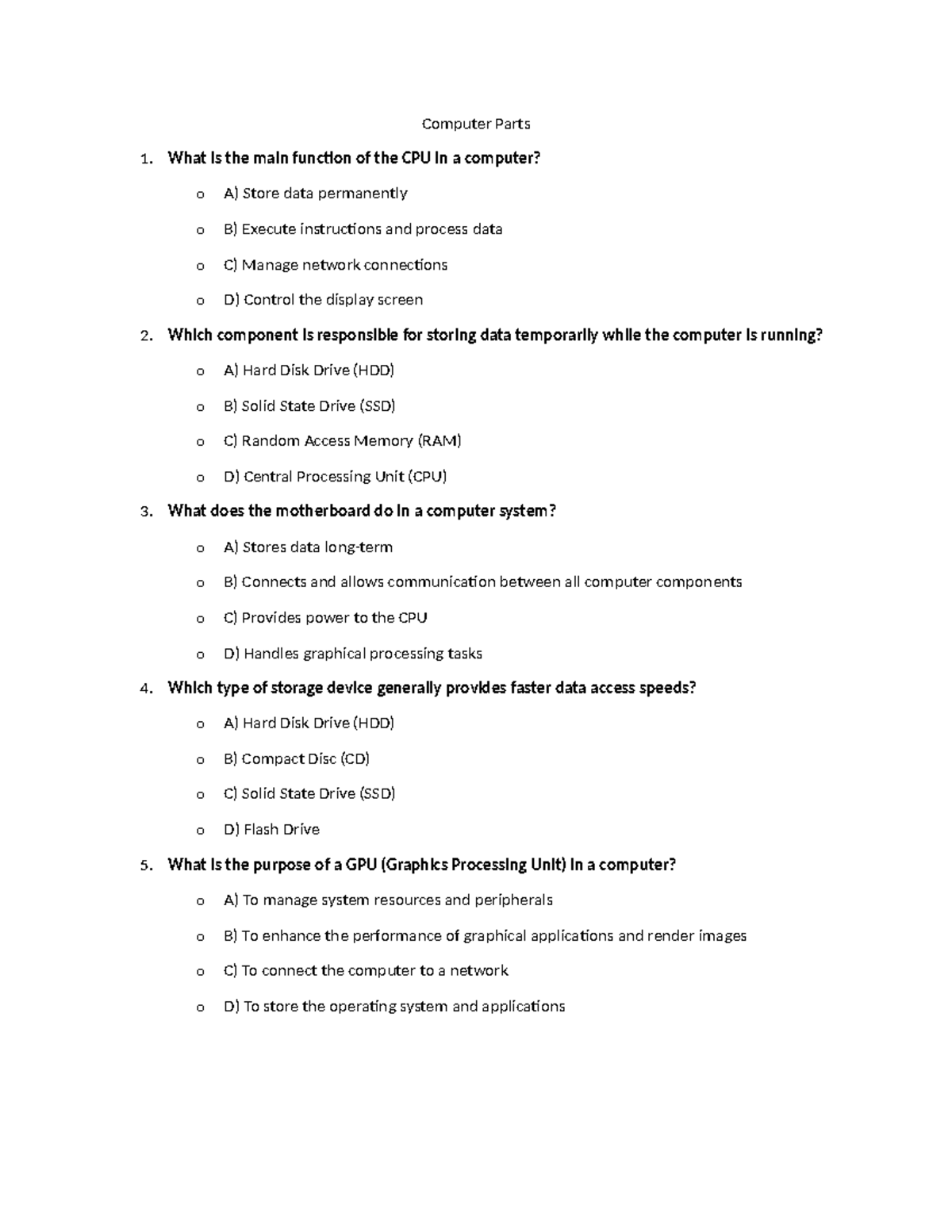 Computer Parts Quiz: Understanding CPU, RAM, and GPU Functions - Studocu