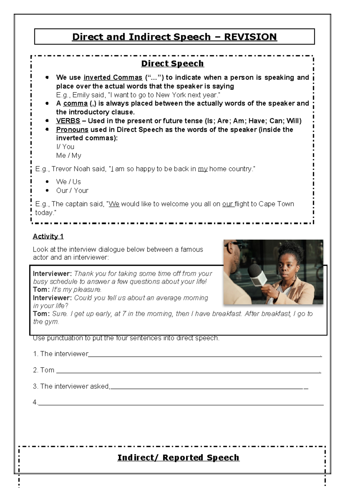 Direct and Indirect Speech Revision Worksheet - Studocu