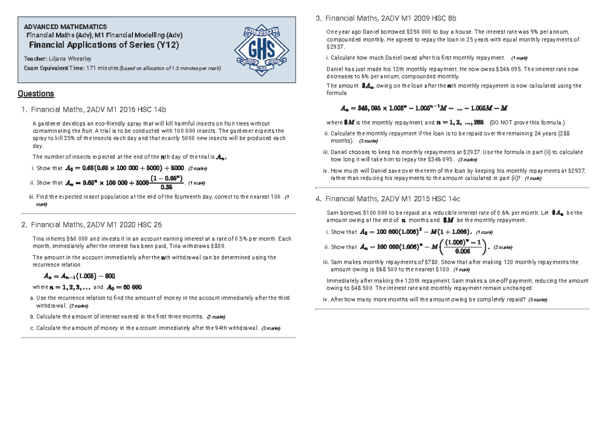 Financial Maths, 2ADV M1 Year 12 HSC Exam Solutions - Studocu
