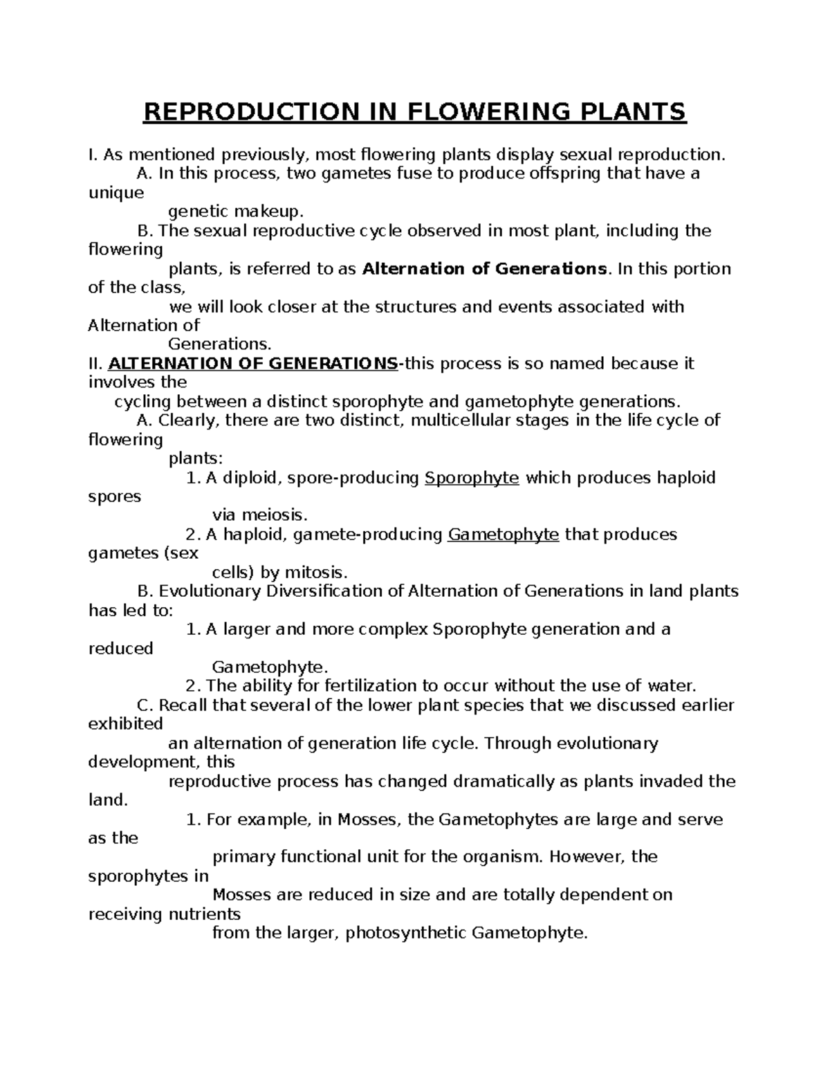 Reproduction in Flowering Plants: Alternation of Generations and ...