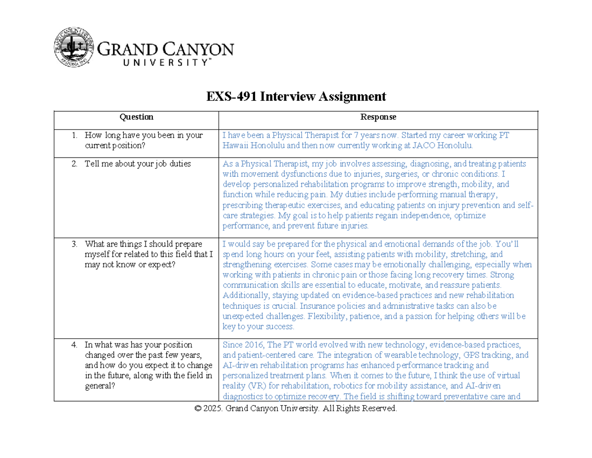 EXS-491 Professional Interview Assignment Insights: Becoming a PT - Studocu