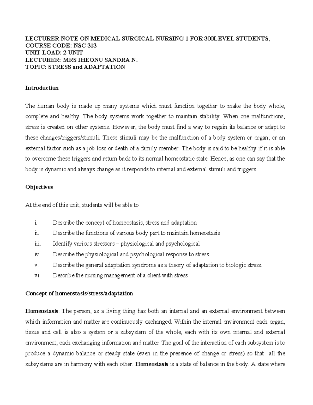 LECTURER NOTES ON STRESS AND ADAPTATION FOR NSC 313 (300 LEVEL) - Studocu
