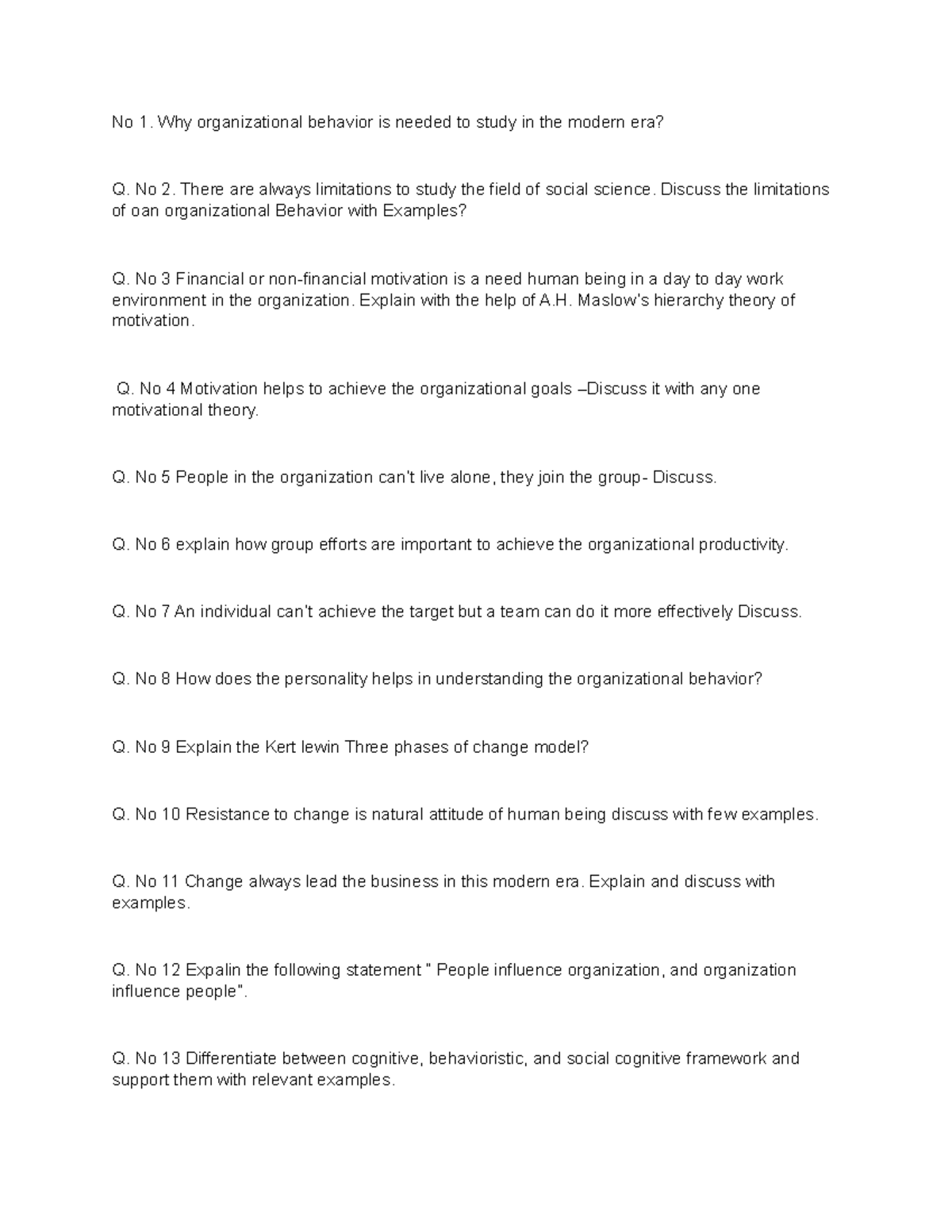102 Organizational Behavior Descriptive Questions for Exam Preparation ...
