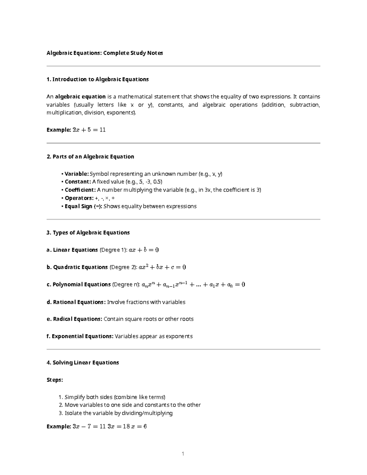 Algebraic Equations: Comprehensive Study Notes for Math 101 - Studocu