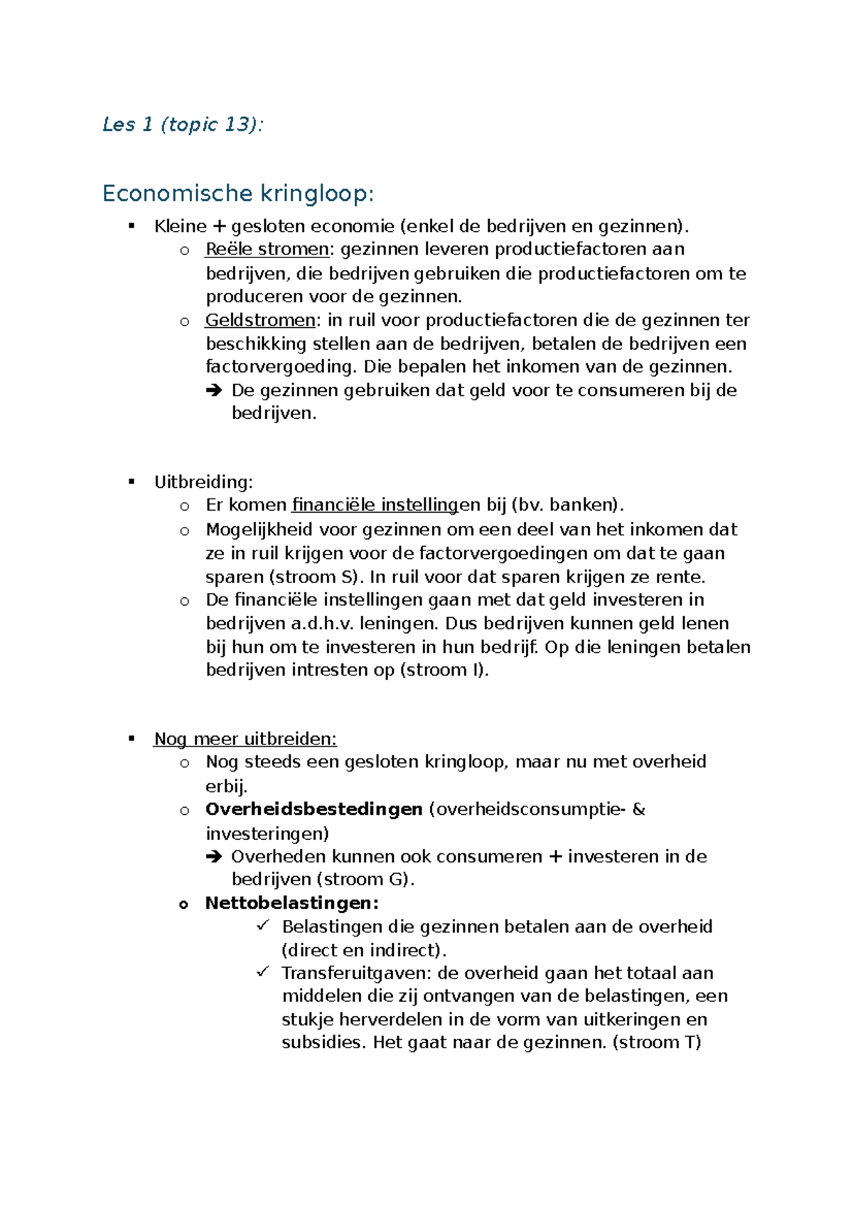 Les 1: Economische Kringloop in een Kleine Gesloten Economie - Studocu
