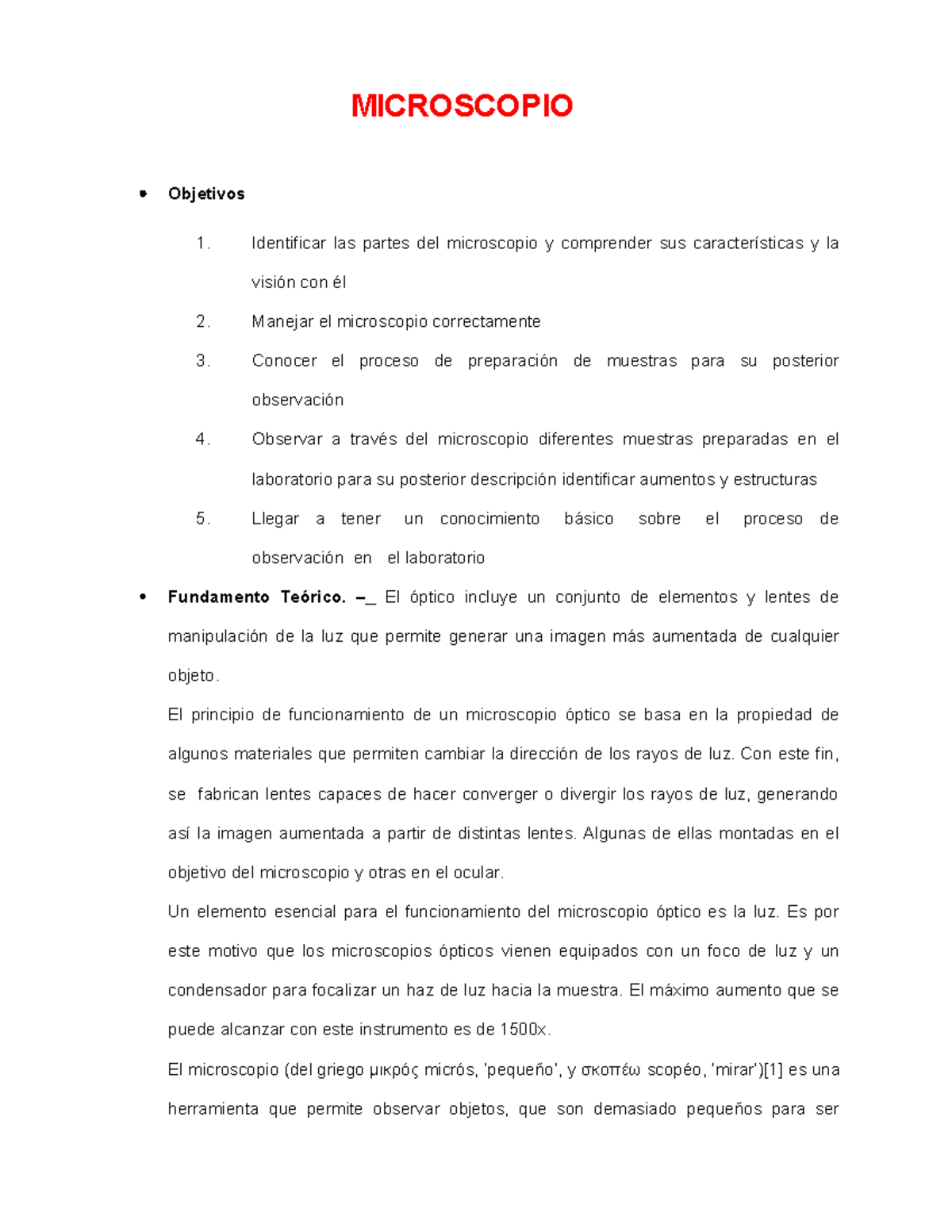 Partes DEL Microscopio - MICROSCOPIO Objetivos 1. Identificar las ...