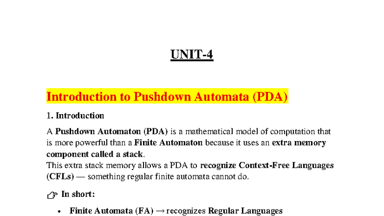 FLAT-UNIT-4: Introduction to Pushdown Automata (PDA) - Studocu